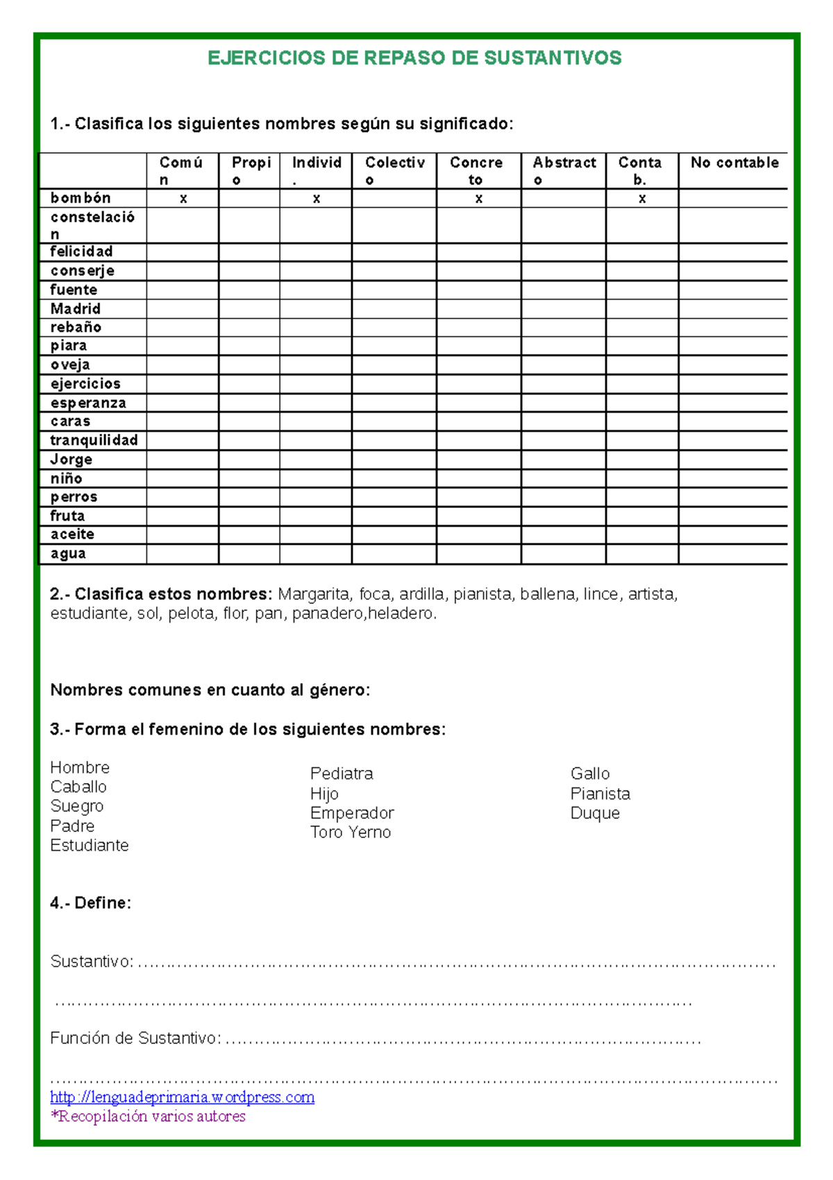 Ejercicios DE Repaso DE Sustantivos copy - EJERCICIOS DE REPASO DE ...