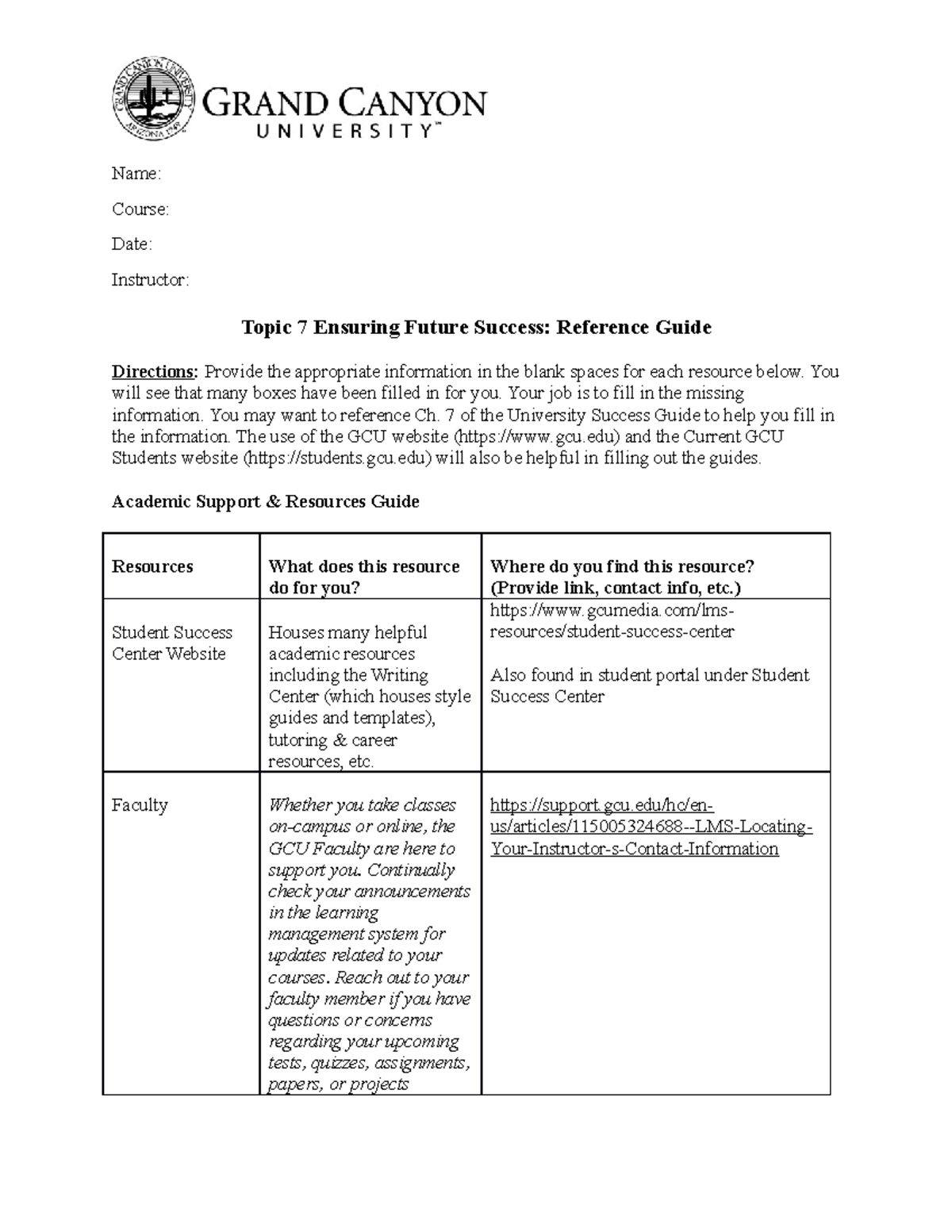 UNV-103 T7 Reference Guide - Name: Course: Date: Instructor: Topic 7 ...