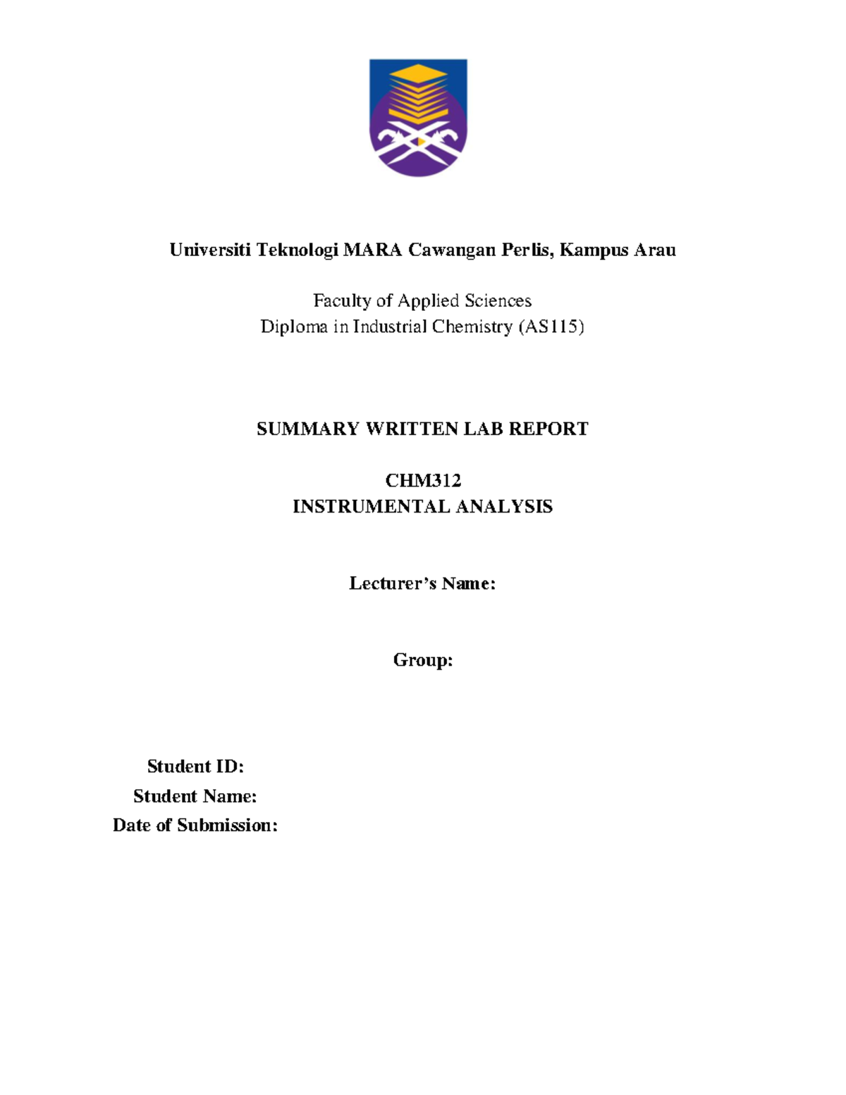 Template FOR Summary Written Report CHM312 - Instrumental Analysis ...