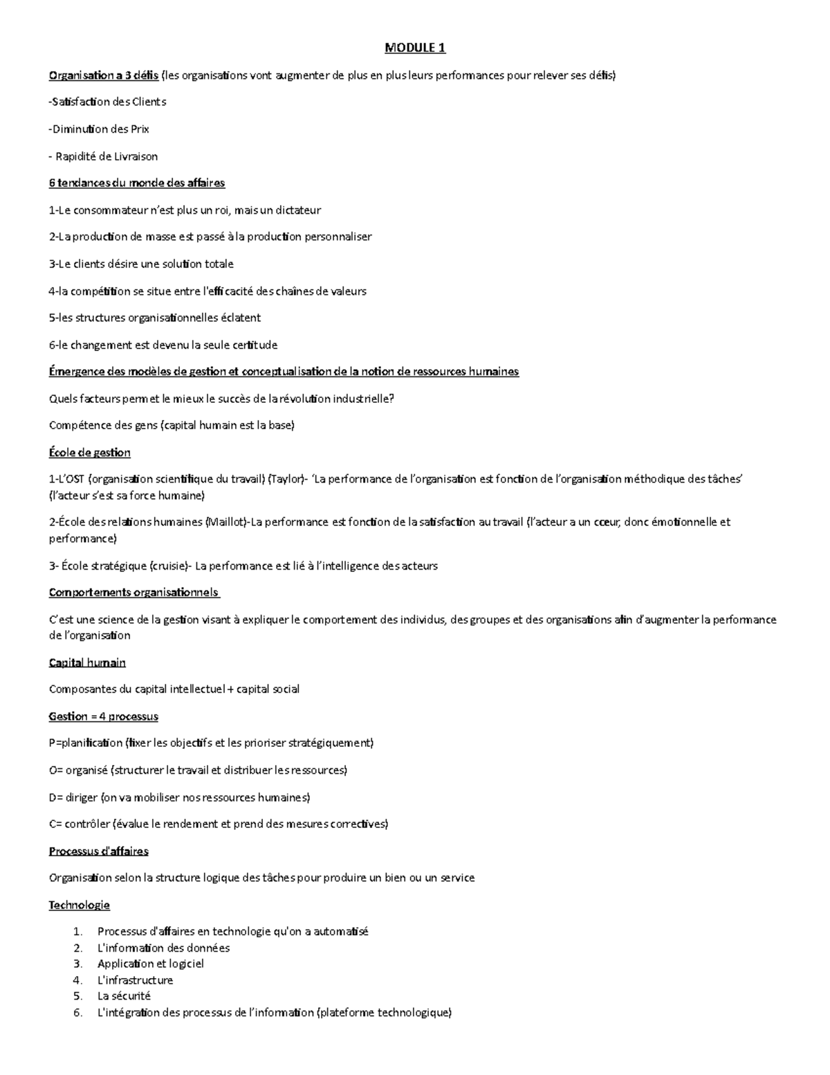 Module 1 et 2 - Notes de cours 1,2 - MODULE 1 Organisation a 3 défis ...