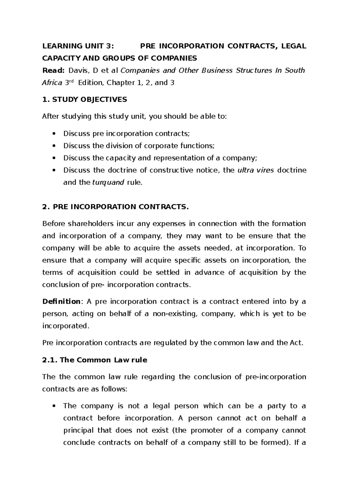 Learning UNIT 3 - notes - LEARNING UNIT 3: PRE INCORPORATION CONTRACTS ...