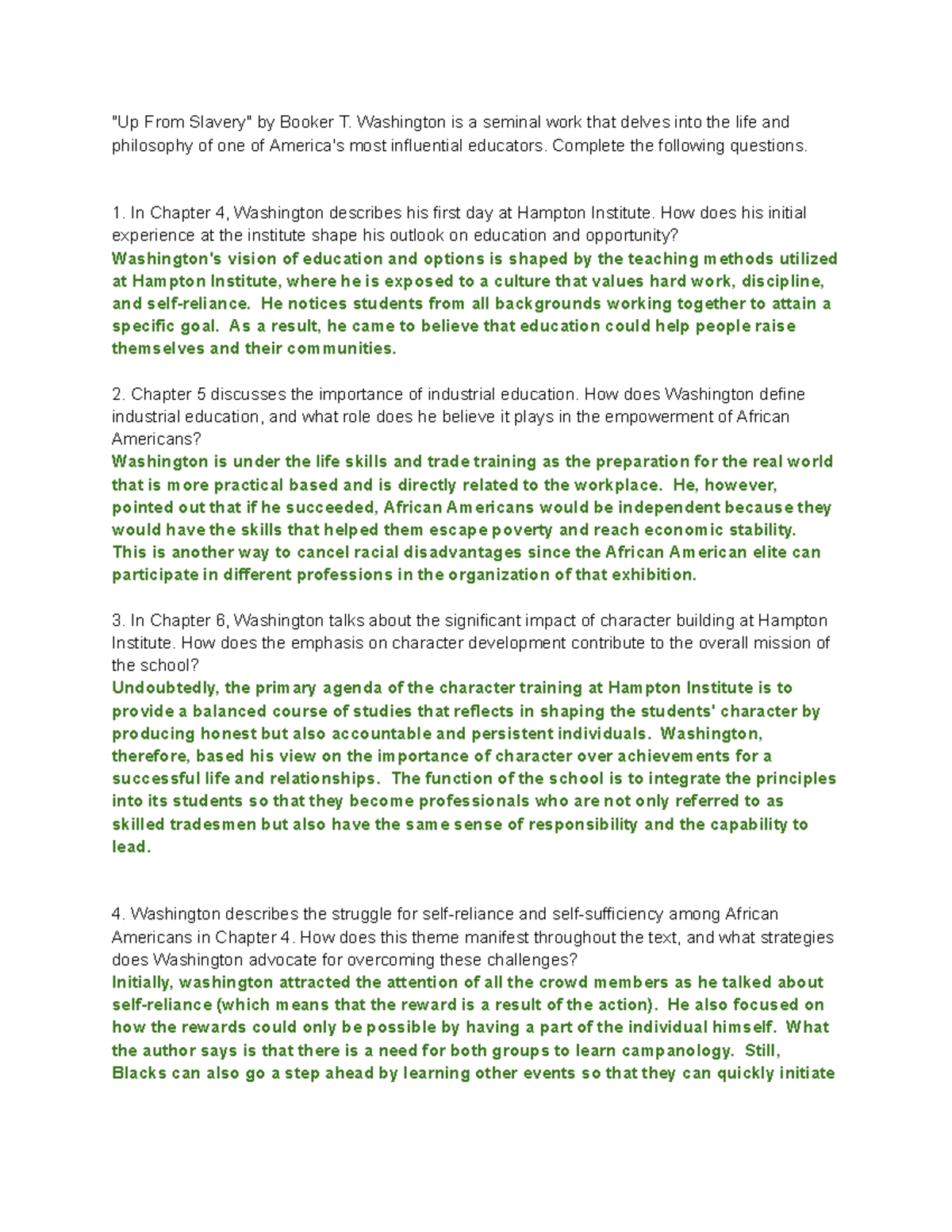 Ch4-6 BTW Questions - "Up From Slavery" by Booker T. Washington is a ...