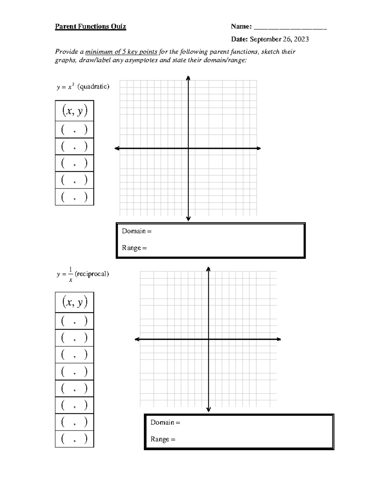 Parent functions quiz 2023 - Domain = Range = Domain = Range = Parent ...