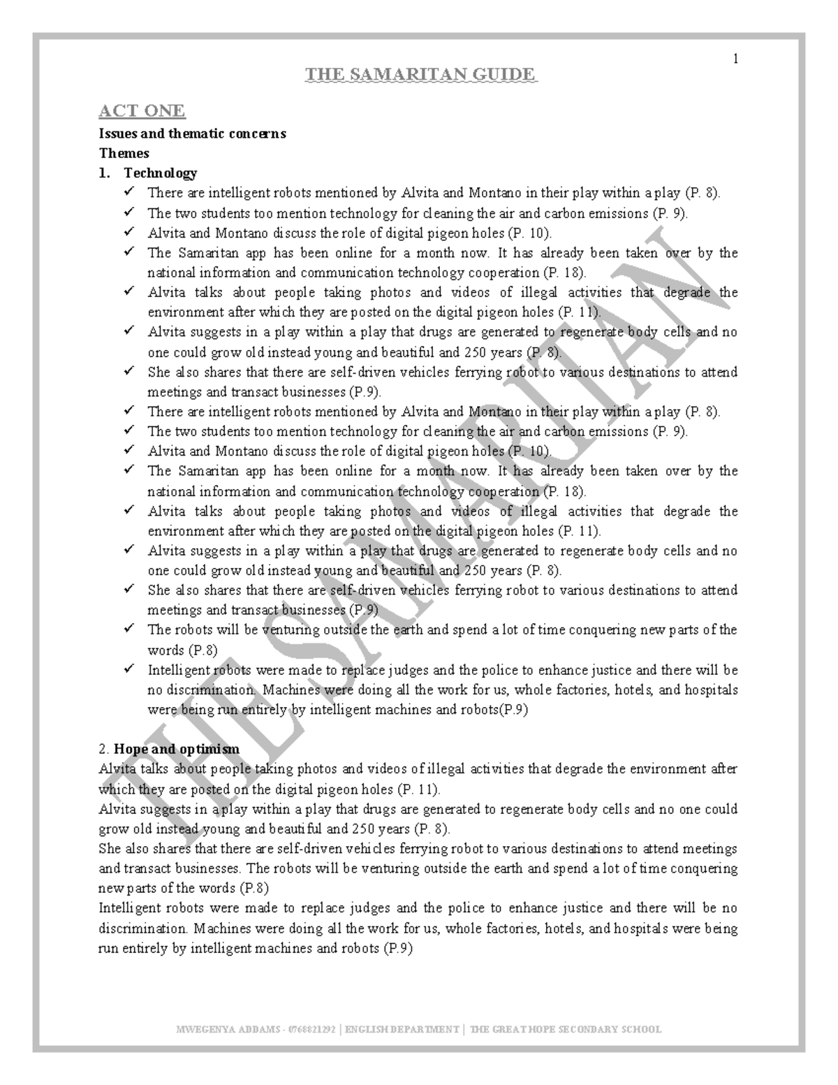 THE Samaritan - SET BOOK PLAY - ACT ONE Issues and thematic concerns ...