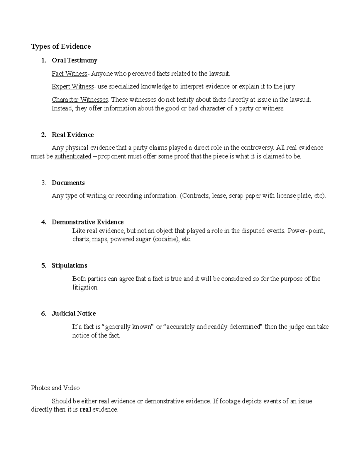 Evidence Notes - Types of Evidence Oral Testimony Fact Witness- Anyone ...