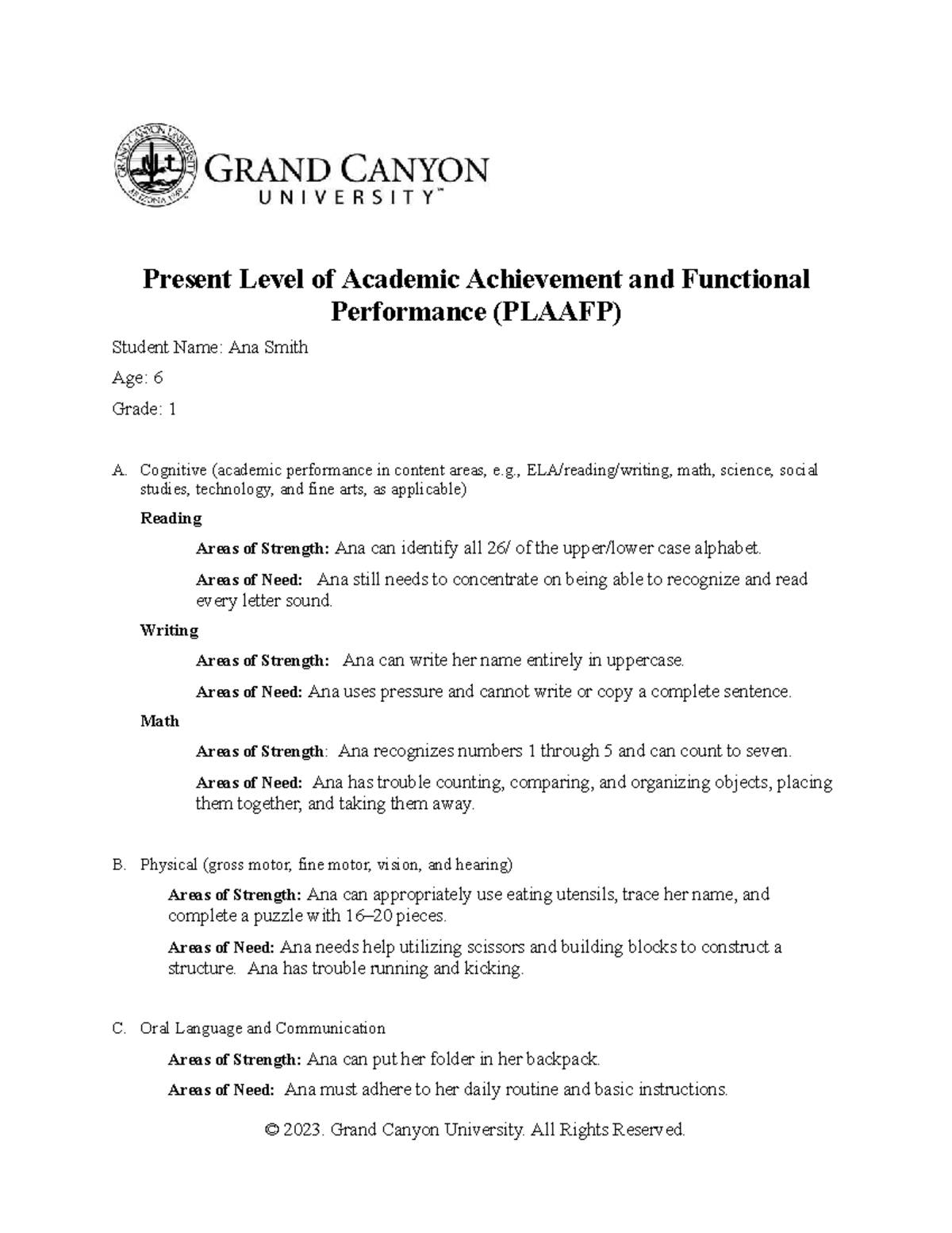 ECS 435 T5 Plaafptemplate - Present Level of Academic Achievement and ...