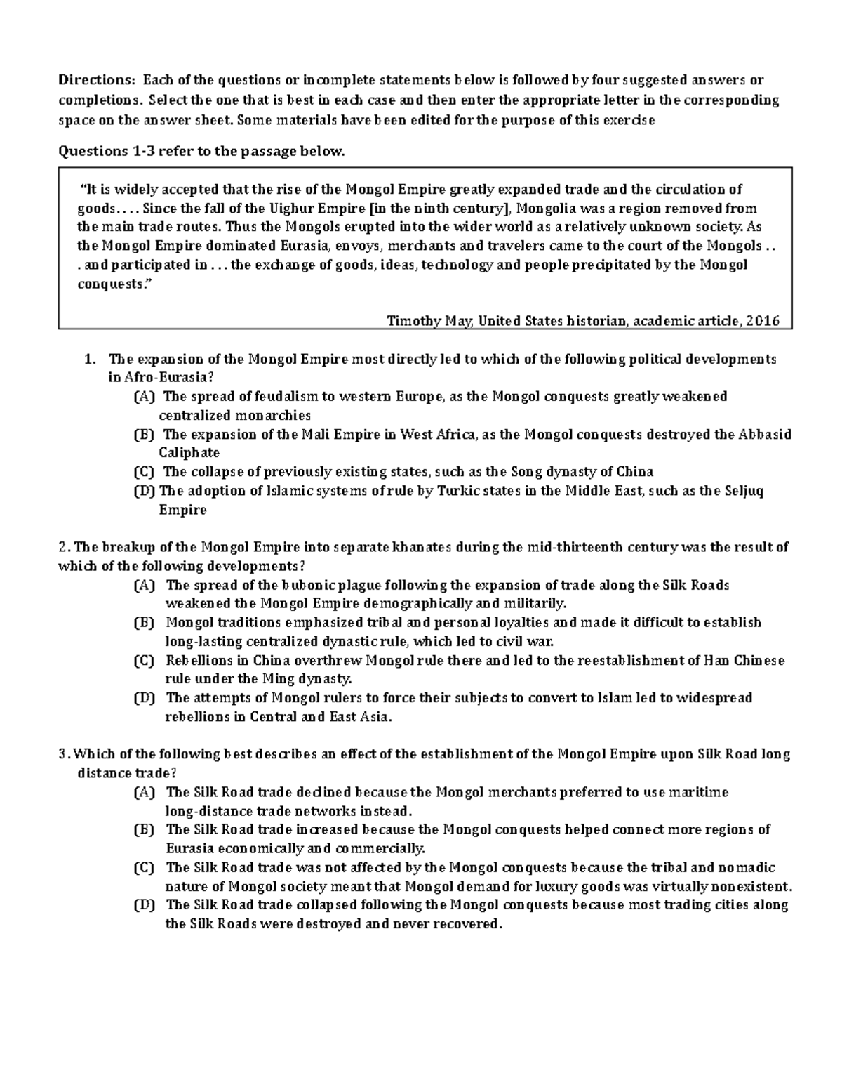 Practice Stim AP World Units 1-5 - Directions: Each of the questions or ...