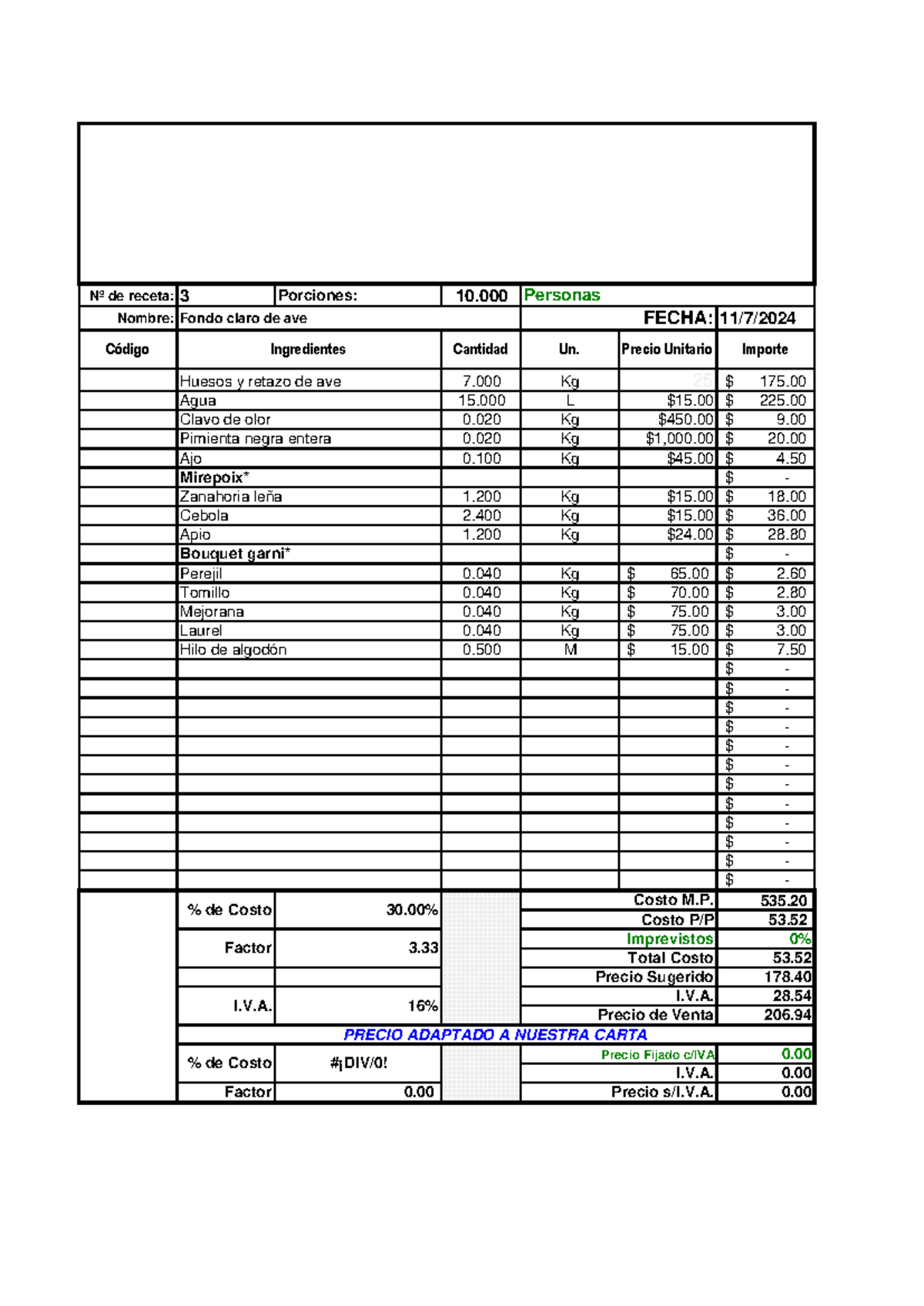 Formato para costeo (1) - Nº de receta: 3 Porciones: 10. Nombre: 11/7 ...