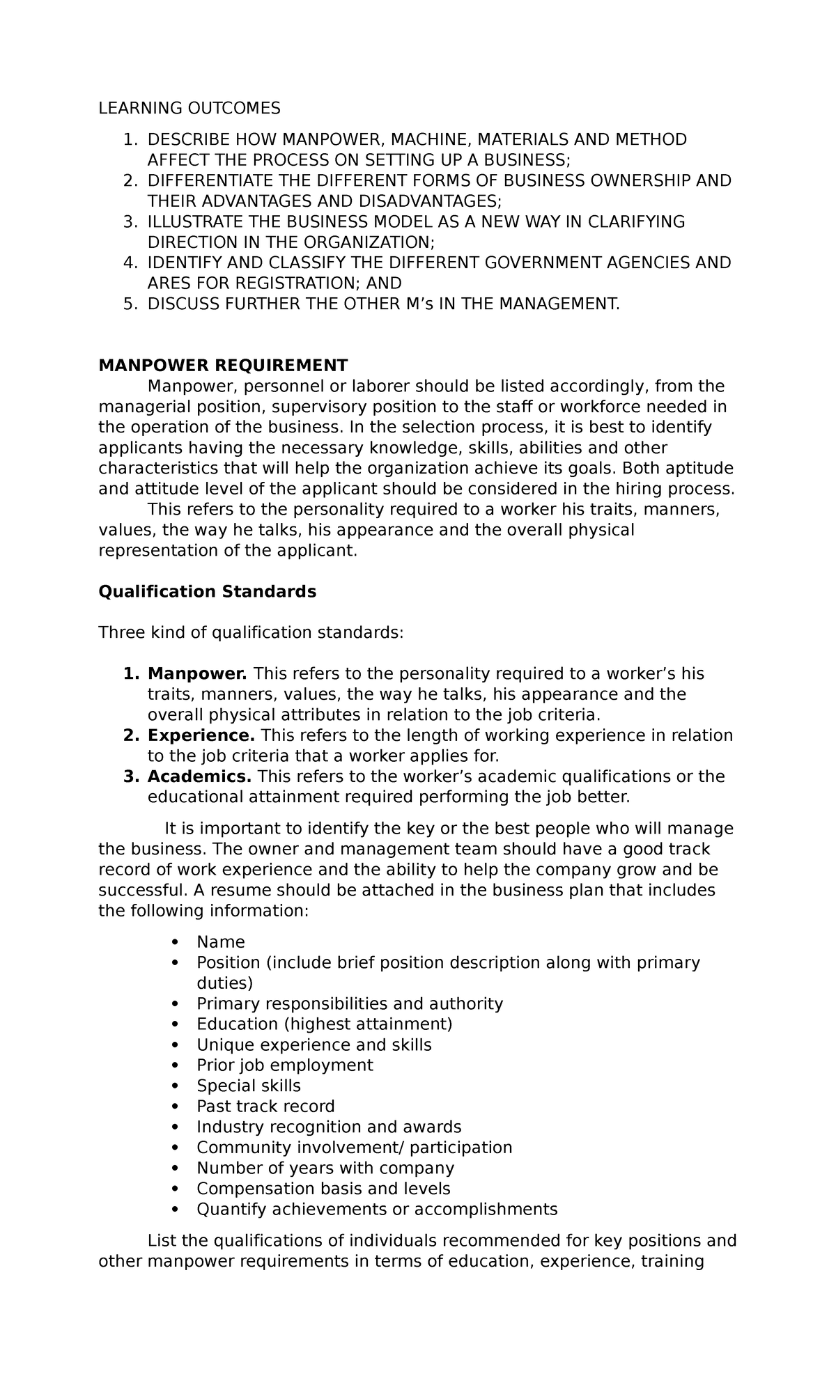 Entrep - notes - LEARNING OUTCOMES 1. DESCRIBE HOW MANPOWER, MACHINE ...