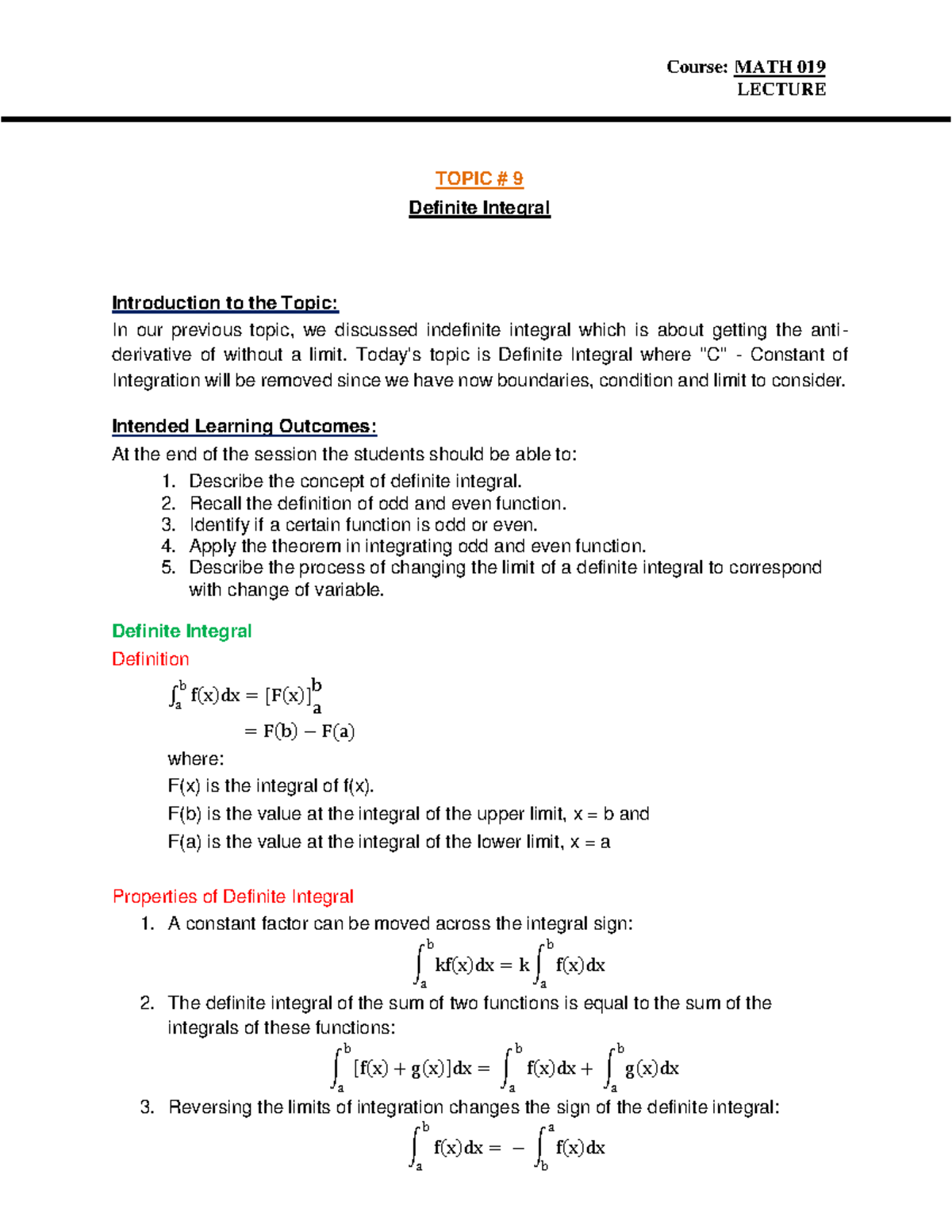 Definite Integral - Calculus 2 - TIP - Studocu