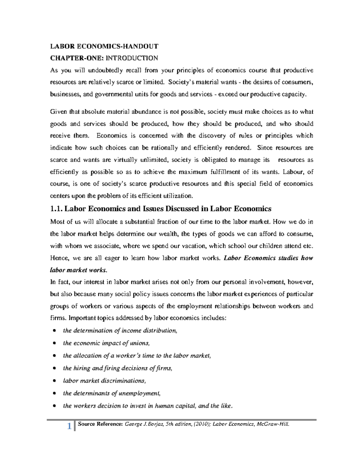 Labor Economics-Ch-1-Introduction - LABOR ECONOMICS-HANDOUT CHAPTER-ONE ...