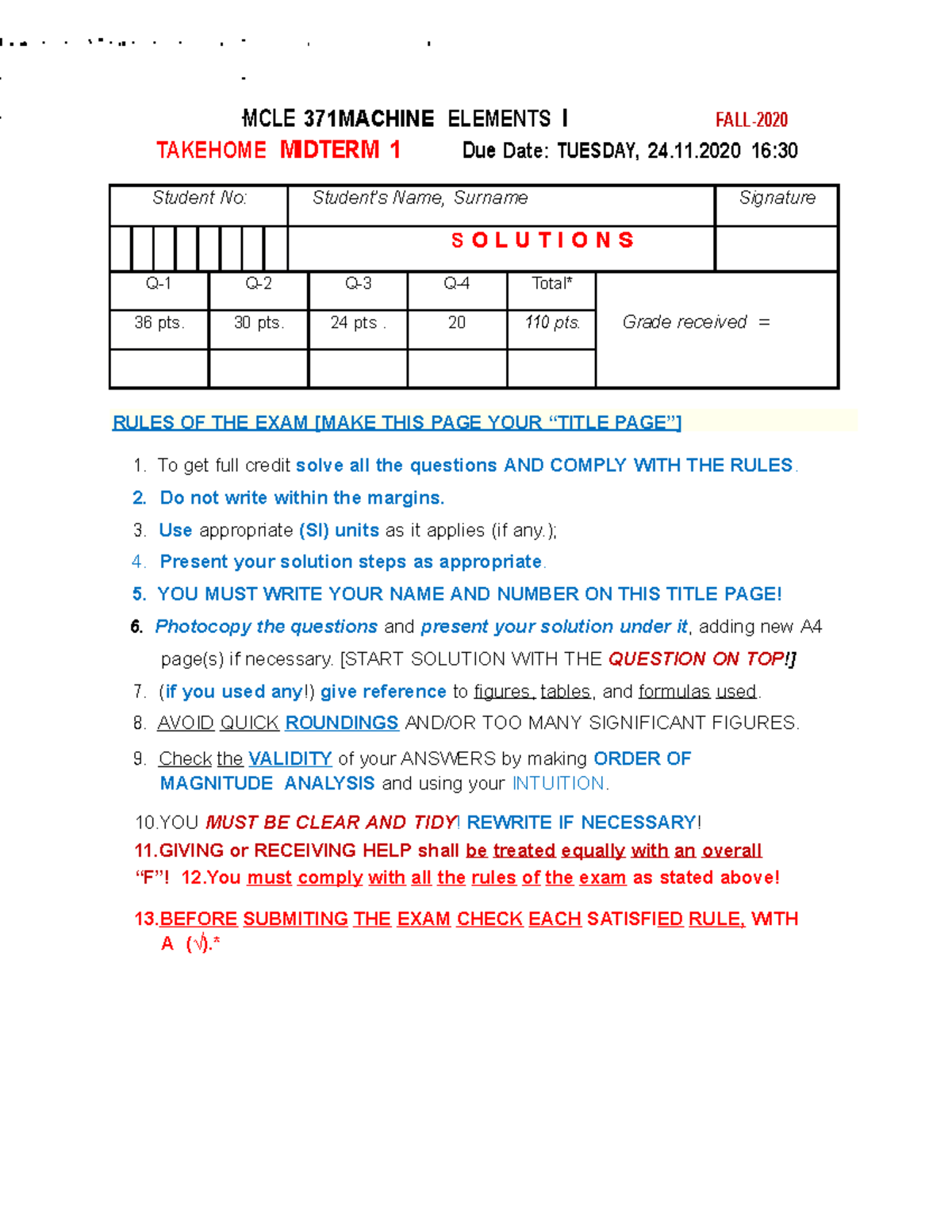 Machine elements - MCLE 371MACHINE ELEMENTS I FALL- TAKEHOME MIDTERM 1 ...