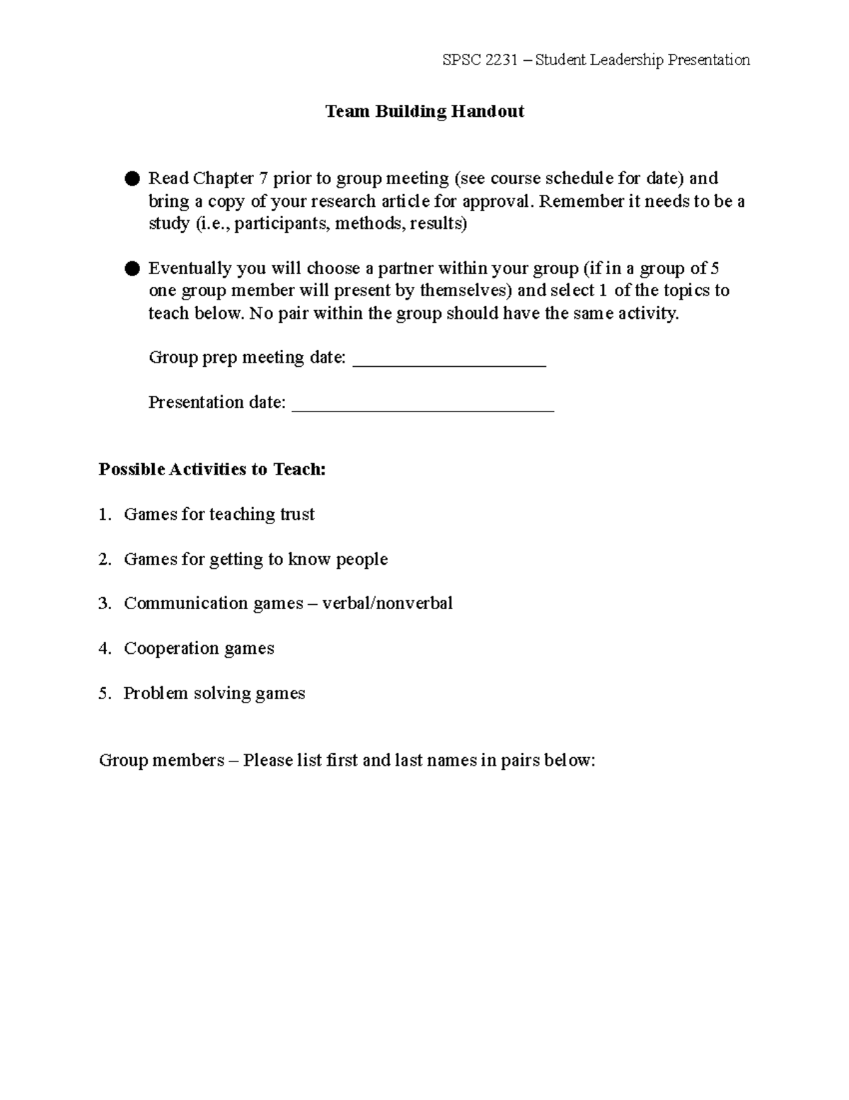 SLP student handouts (2) (1) - Team Building Handout Read Chapter 7 ...