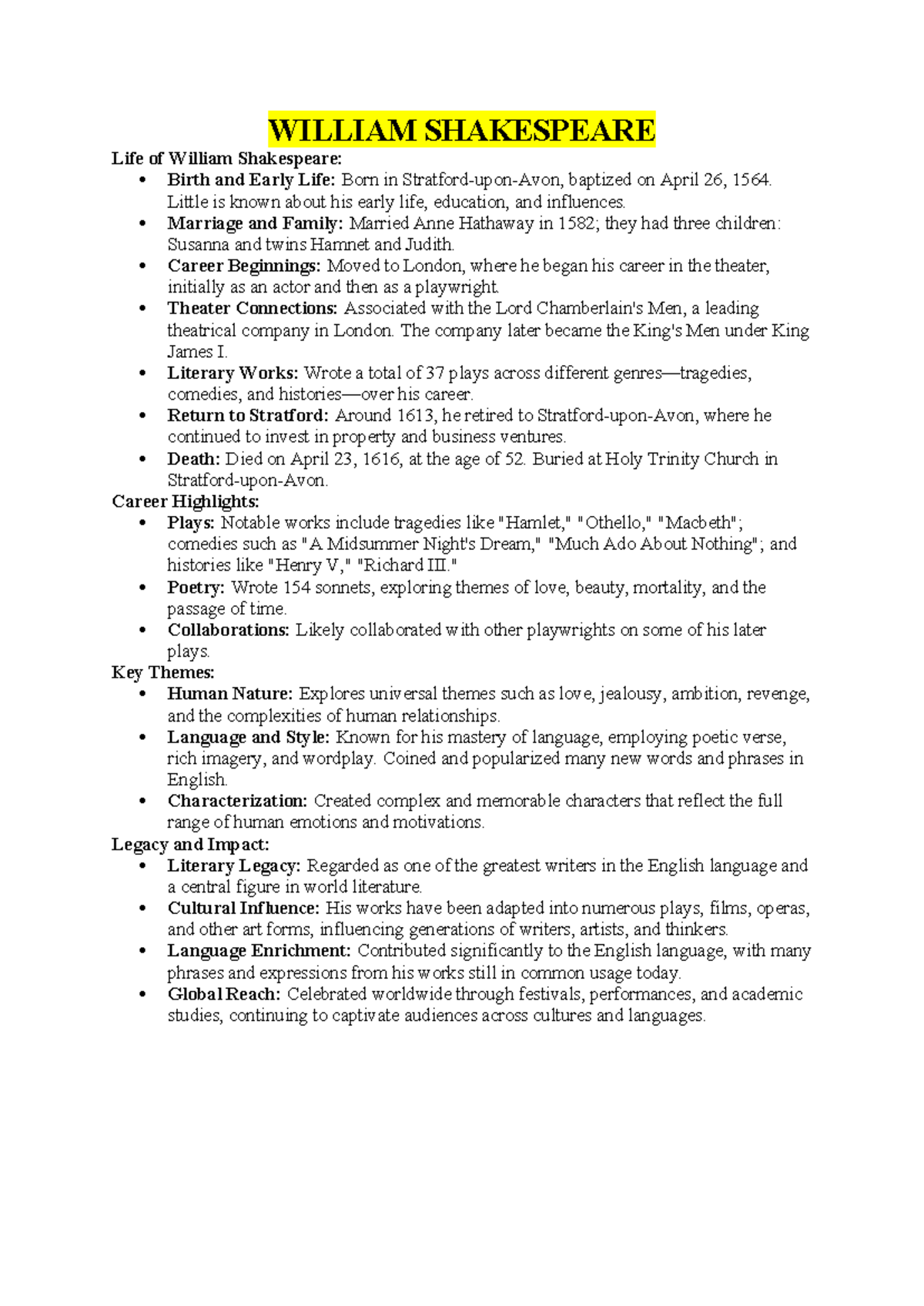 Shakespeare - WILLIAM SHAKESPEARE Life of William Shakespeare: Birth ...