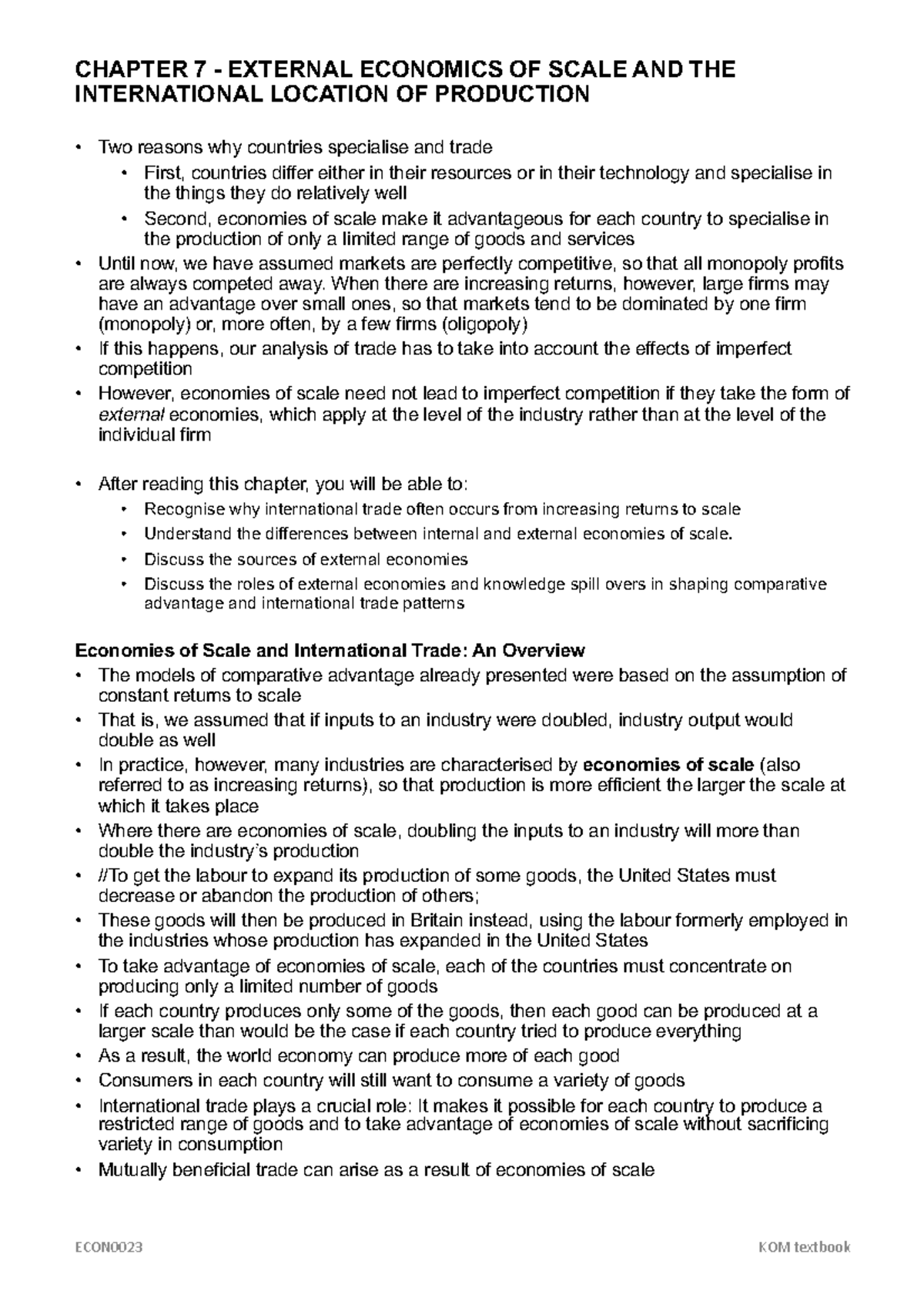 KOM Textbook notes - CHAPTER 7 - EXTERNAL ECONOMICS OF SCALE AND THE ...