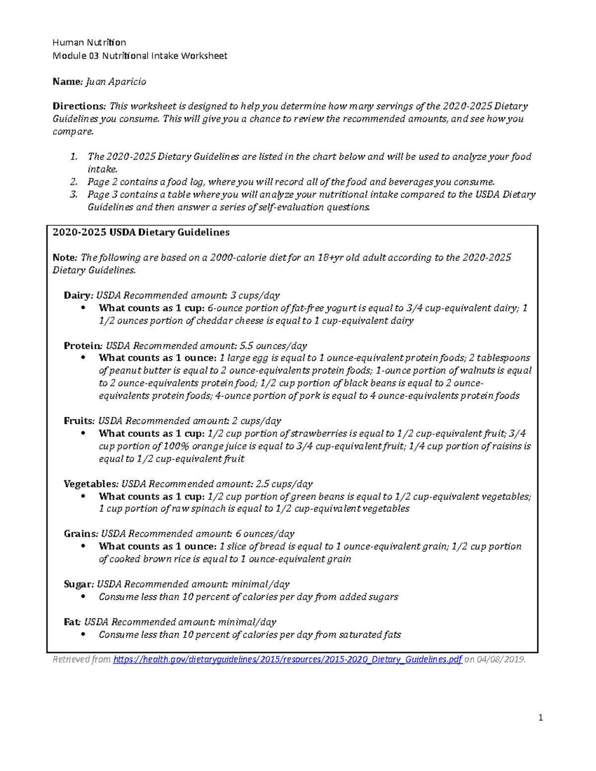 Module 03 Assignment - Track and Reflect on Your Nutrient Intake 042422 ...
