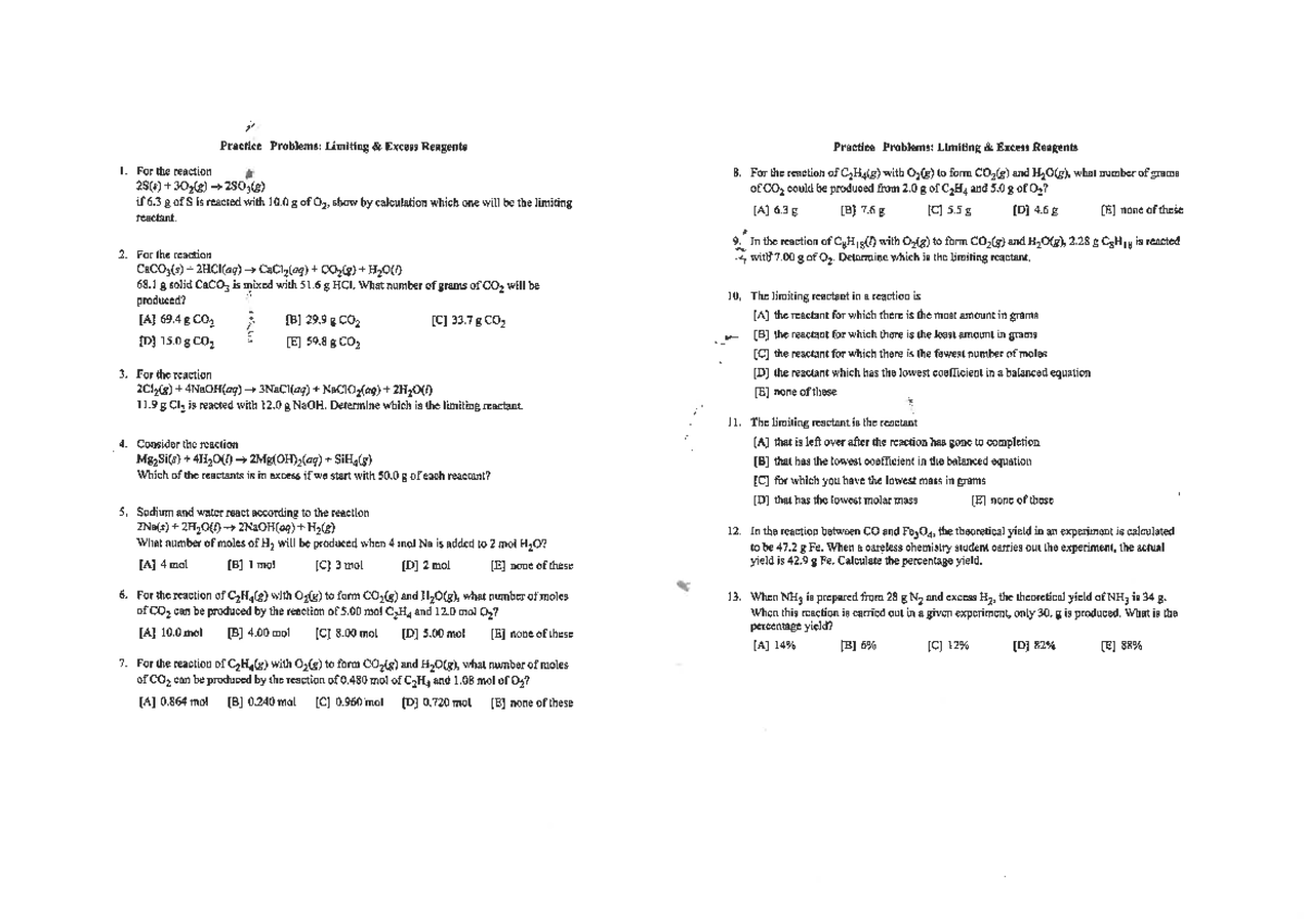 Practice Problems limiting and excess reagent copy - Studocu