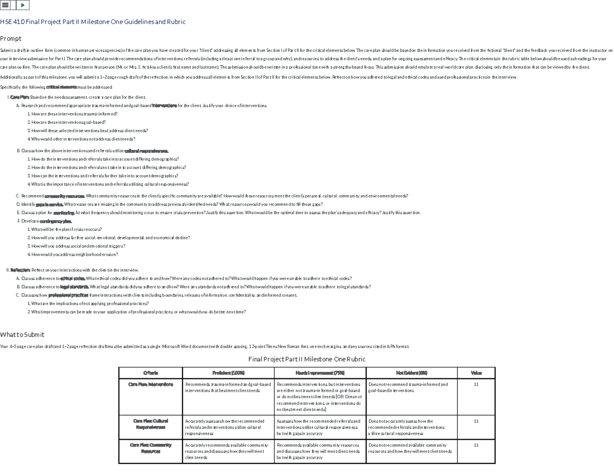 Final Project Part II Milestone One Guidelines and Rubric - The care plan should be based on the ...