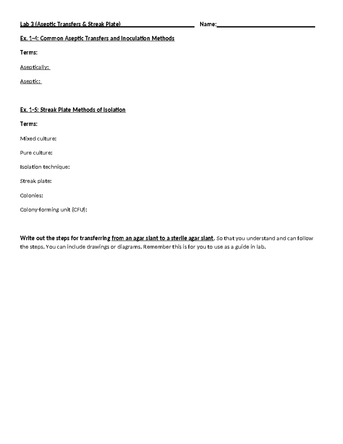 Lab 3 Hw And Handout Sum 20 Hw For Class Ex 1 4 Common Aseptic Transfers And Inoculation 