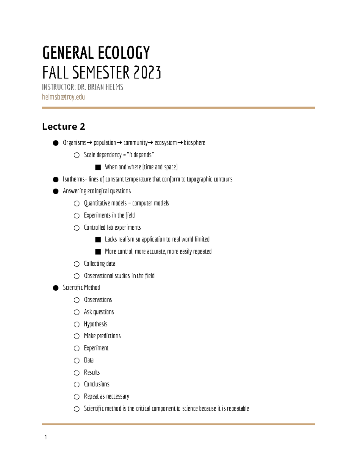 Lecture 2 - GENERAL ECOLOGY FALL SEMESTER 2023 INSTRUCTOR: DR. BRIAN ...