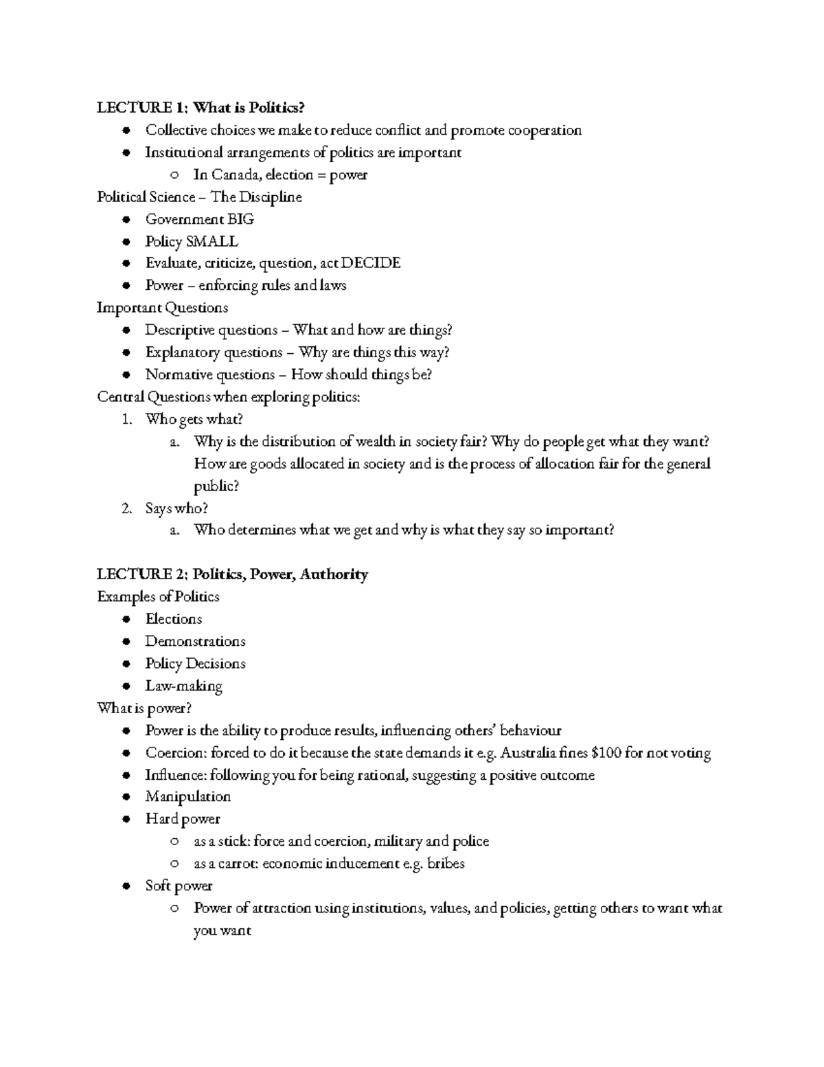 1020E Political Science Notes - LECTURE 1: What is Politics? Collective ...