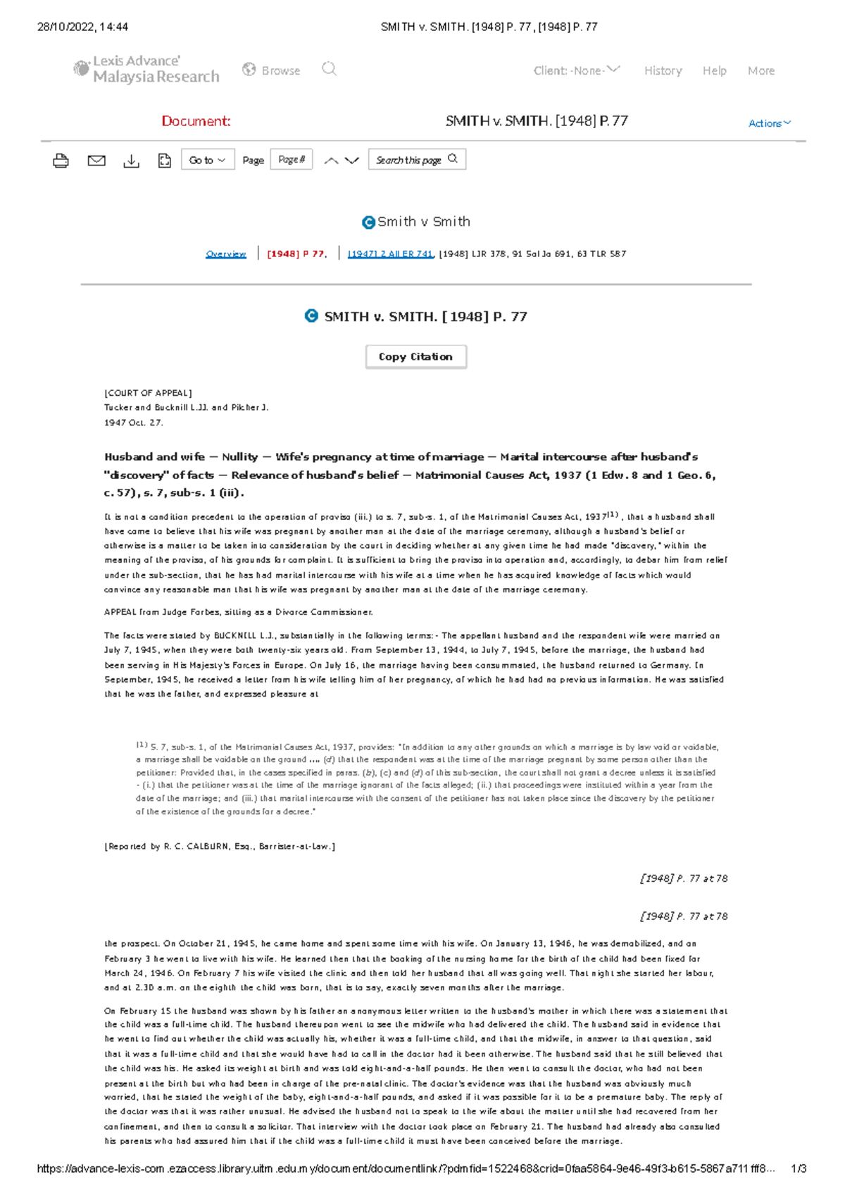Smith v. Smith. [1948] P. 77, [1948] P. 77 - 28/10/2022, 14:44 SMITH v ...