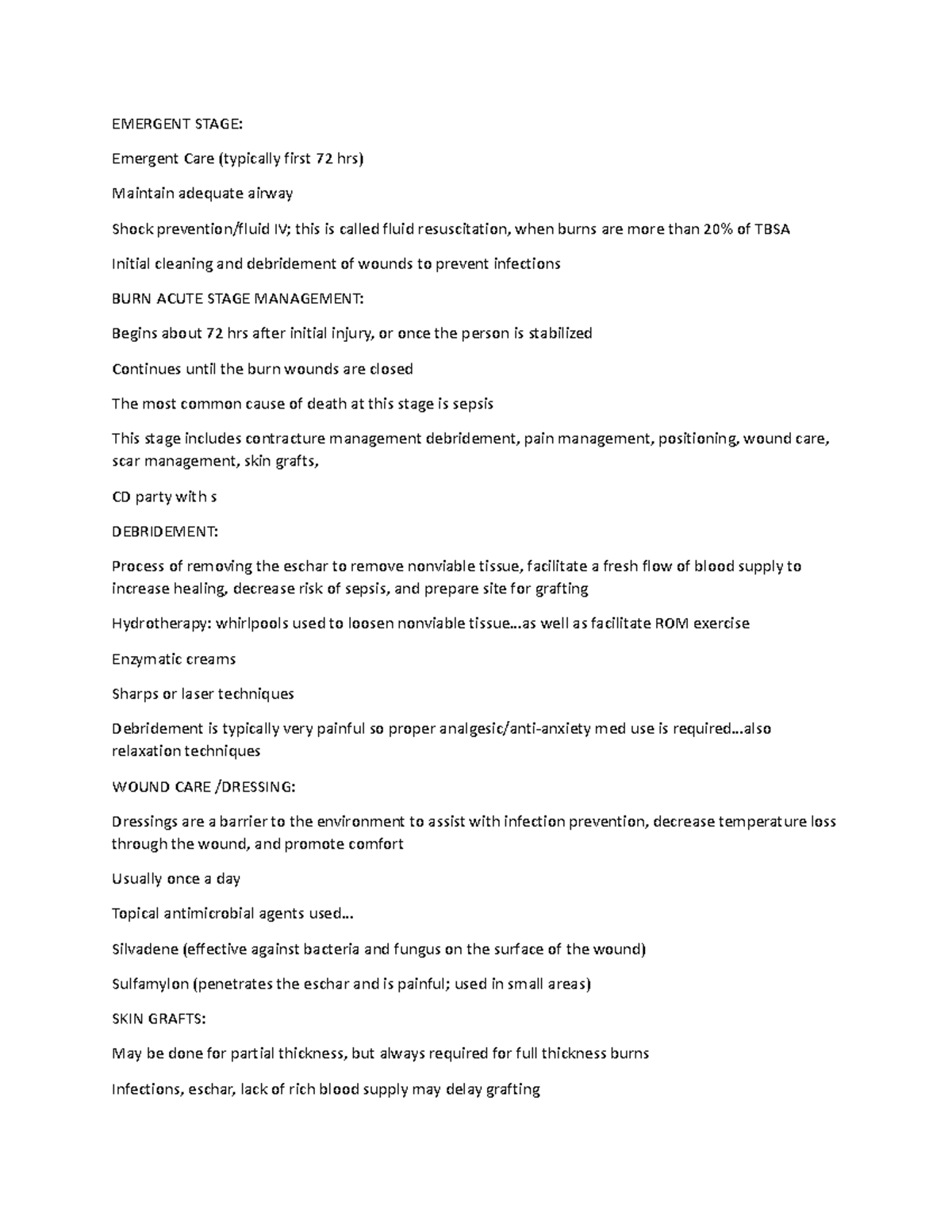 Burn trearment - lecture notes - EMERGENT STAGE: Emergent Care ...