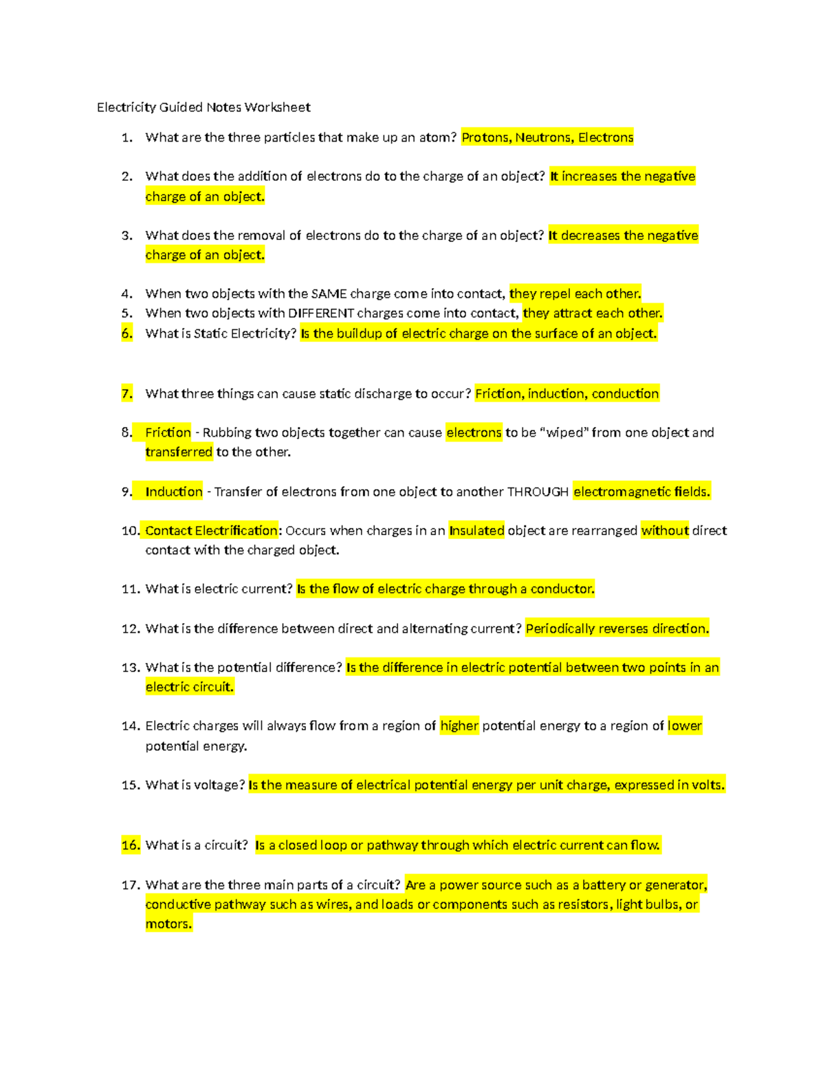 Electricity Power Point Guided Notes - Electricity Guided Notes ...