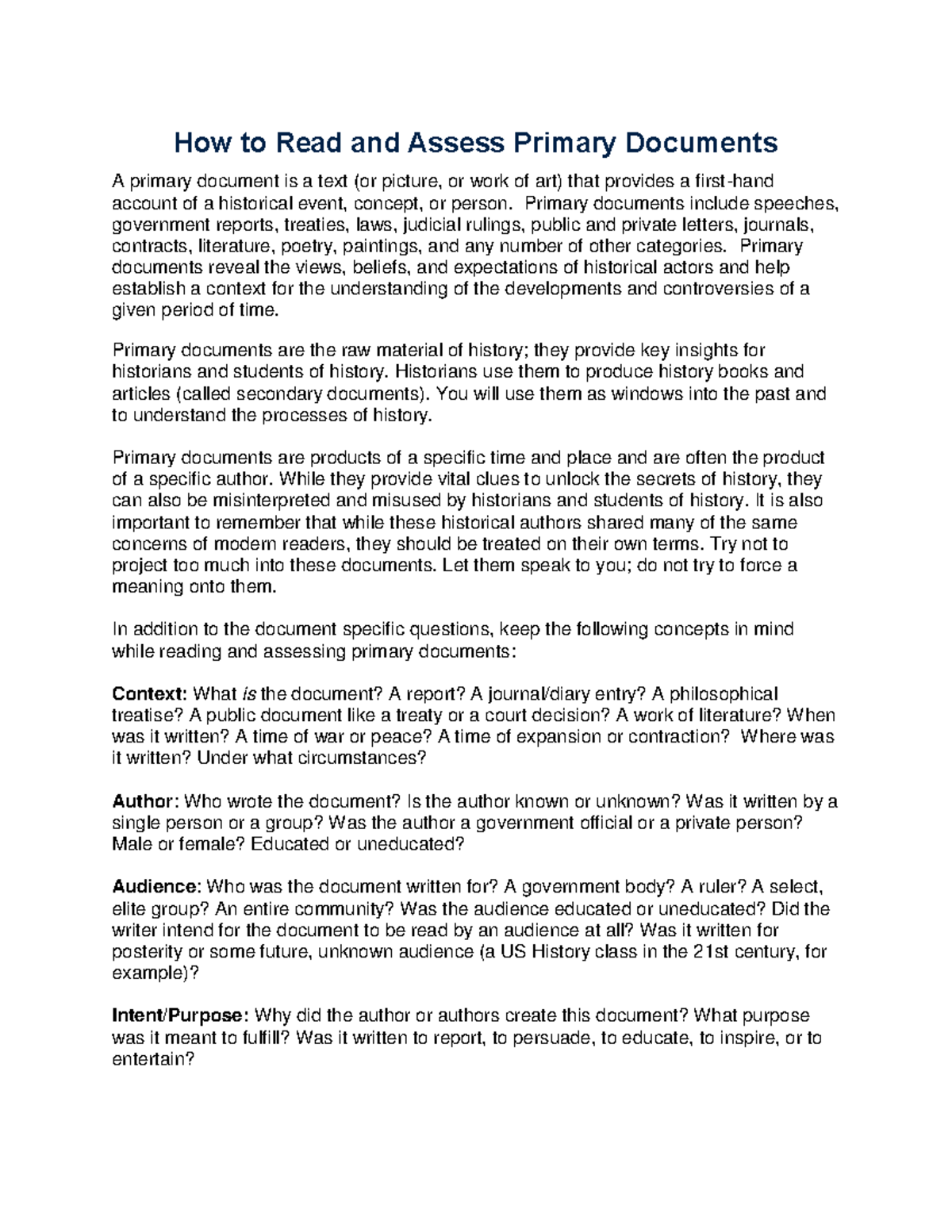 How to Read and Assess Primary Documents - Primary documents include ...