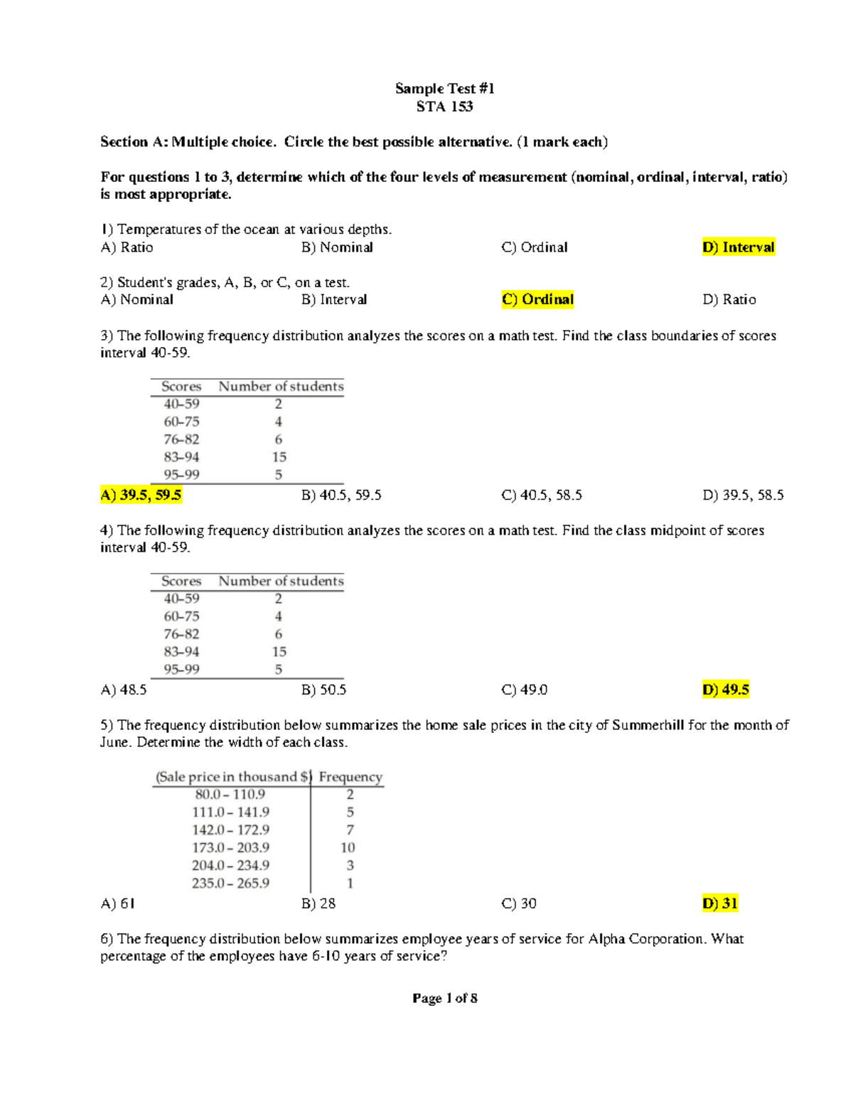 Sample sta-test solutions - Sample Test # STA 153 Section A: Multiple ...