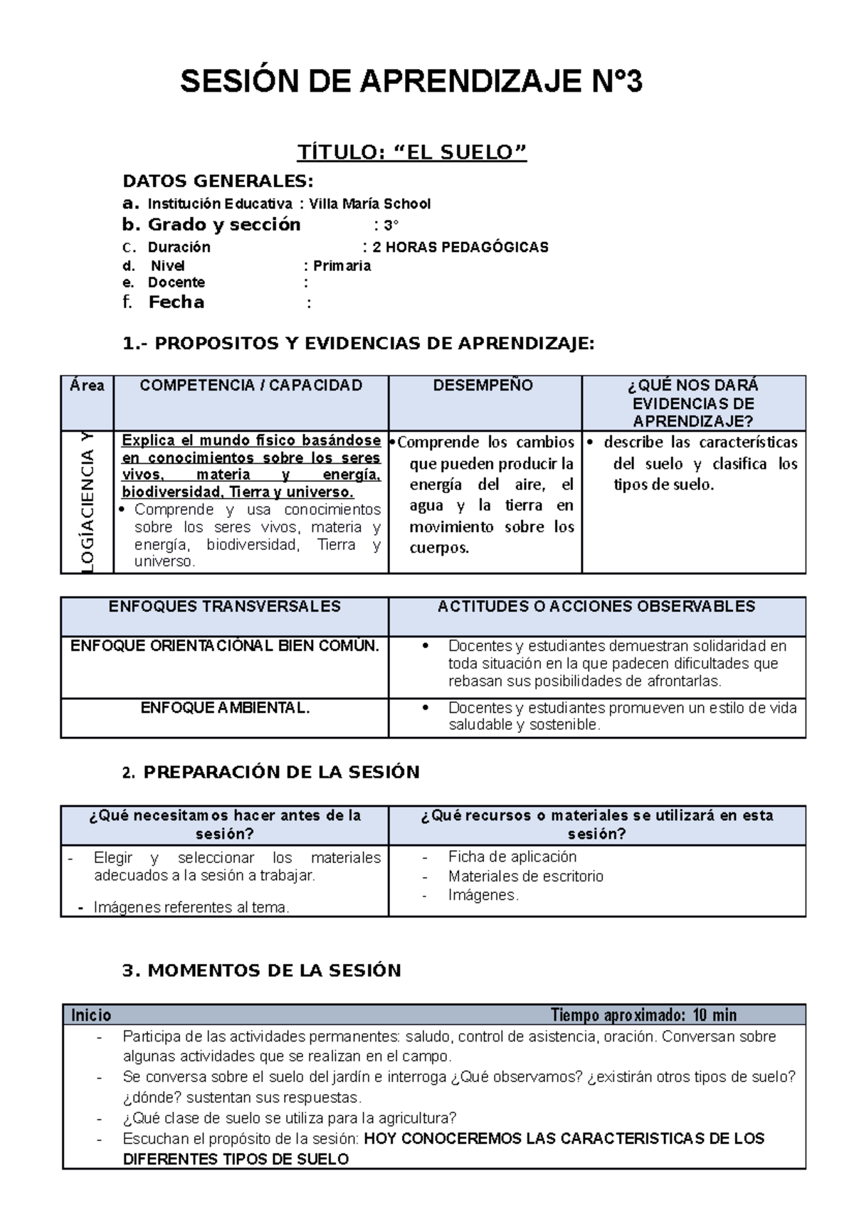 Sesión N°3 CTA - EL Suelo - SESIÓN DE APRENDIZAJE N° TÍTULO: “EL SUELO” DATOS GENERALES: a ...