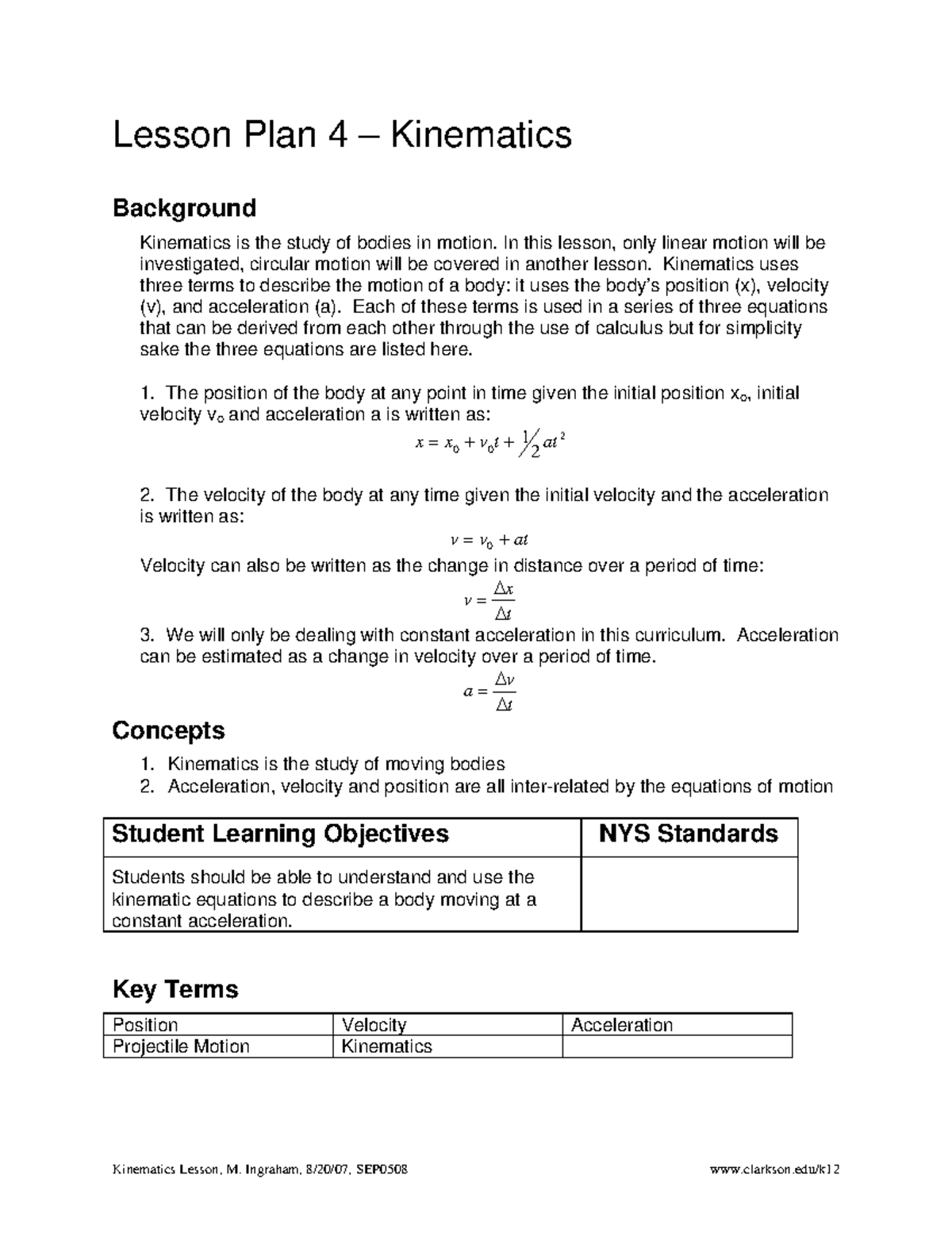 Lesson 4 - Kinematics - none - Lesson Plan 4 – Kinematics Background ...