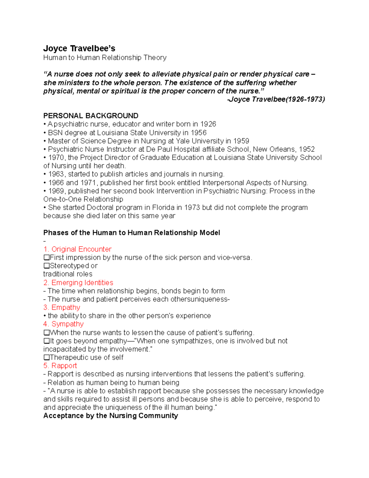 Joyce - Notes - Joyce Travelbee’s Human to Human Relationship Theory “A ...