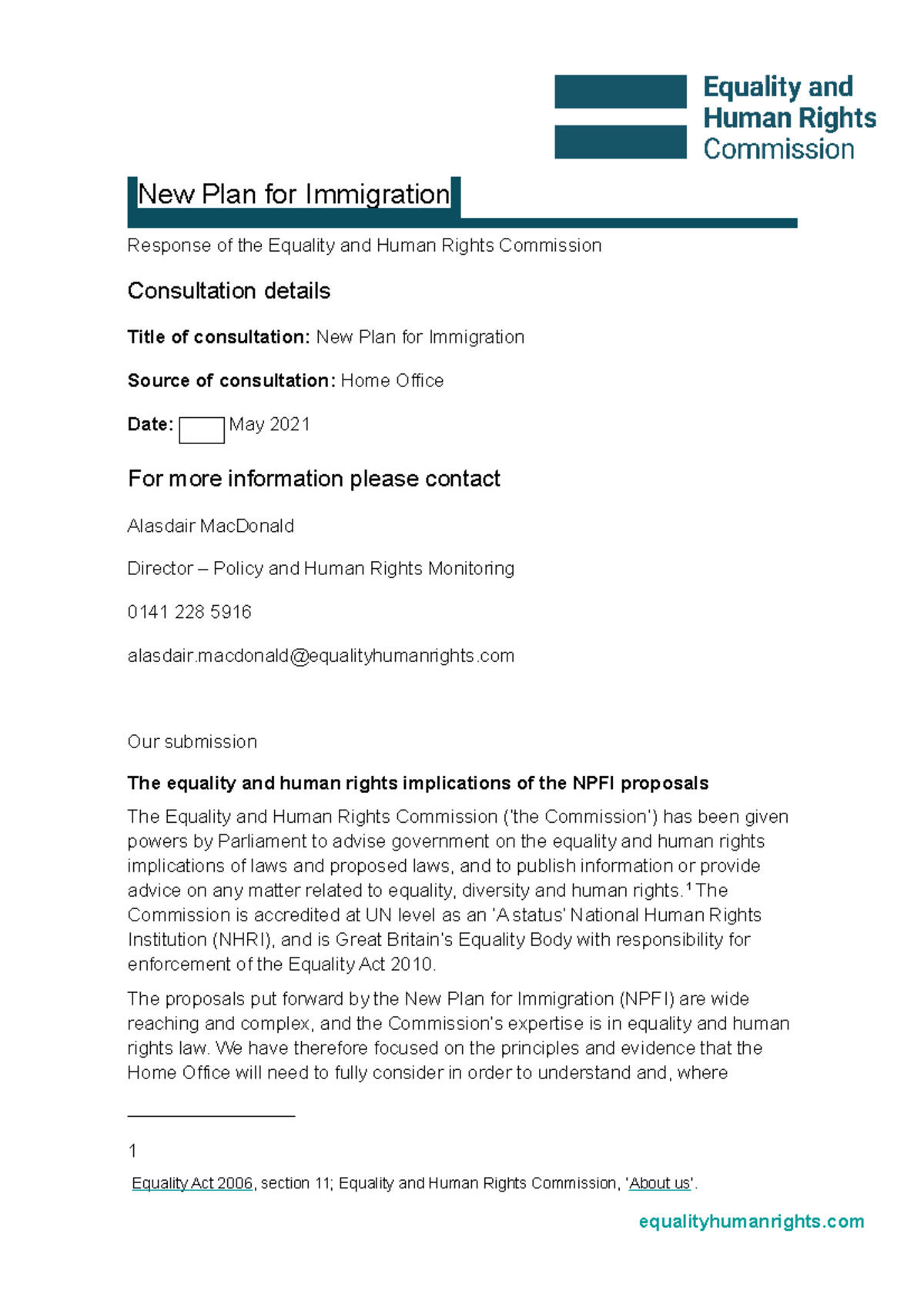 Consultation response new plan for immigration - New Plan for ...