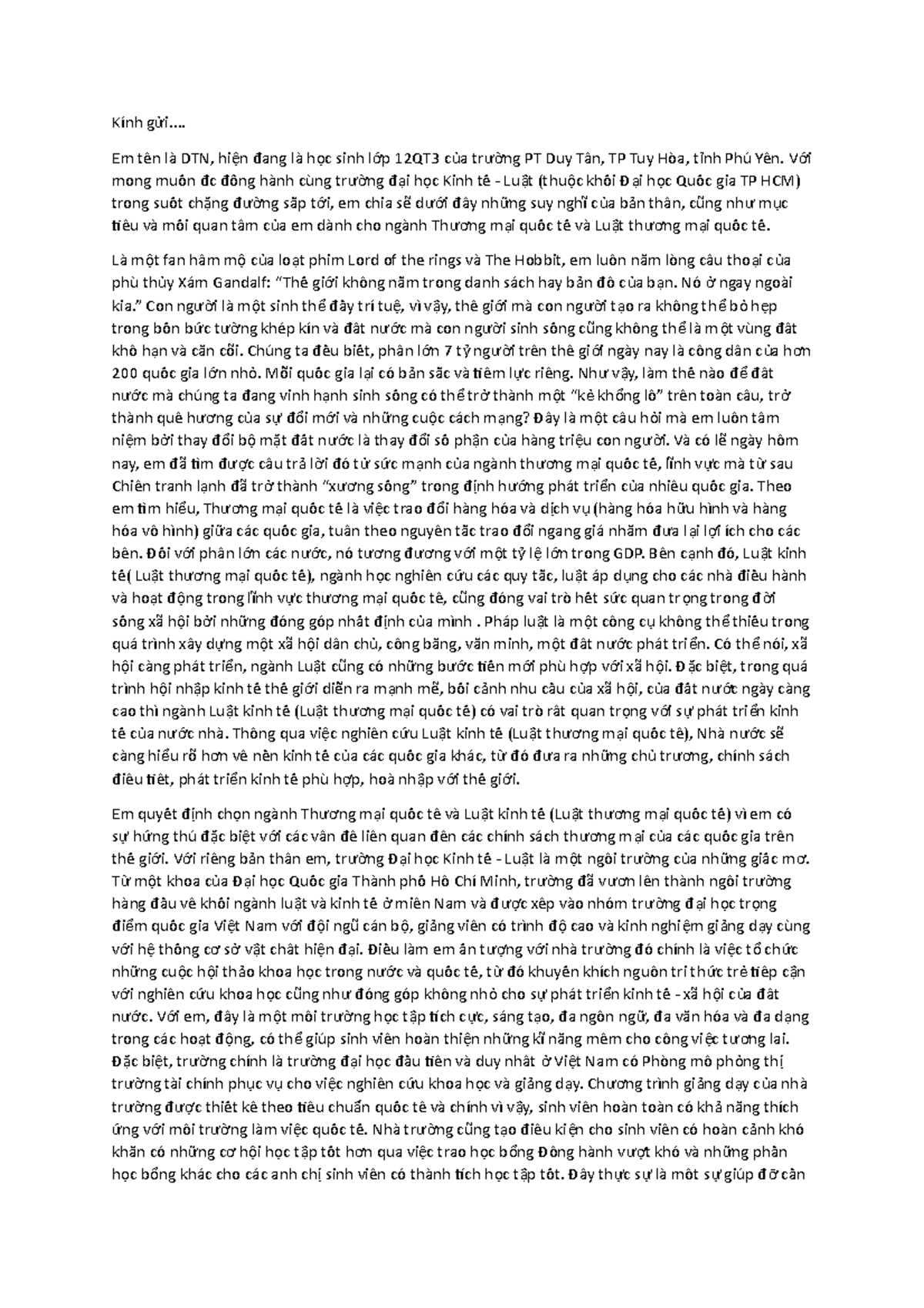 Luận part 1 - xcvbnm - Kính g ửi.... Em tên là DTN, hi n đang là h c sinh l p 12QT3 c a trệ ọ ớ ...