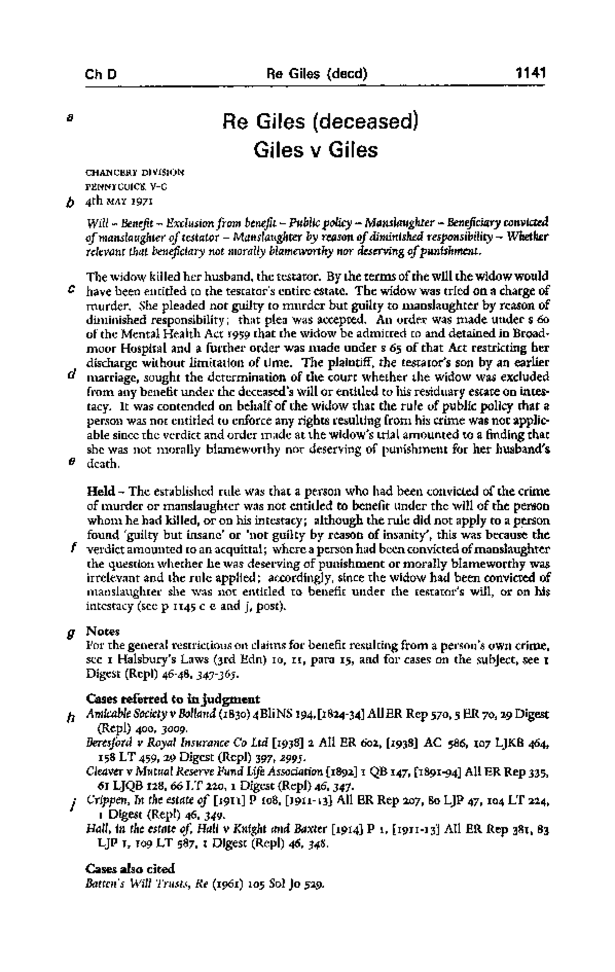 Re Giles (deceased); Giles v Giles [1971] 3 All ER 1141 - Criminal Law ...