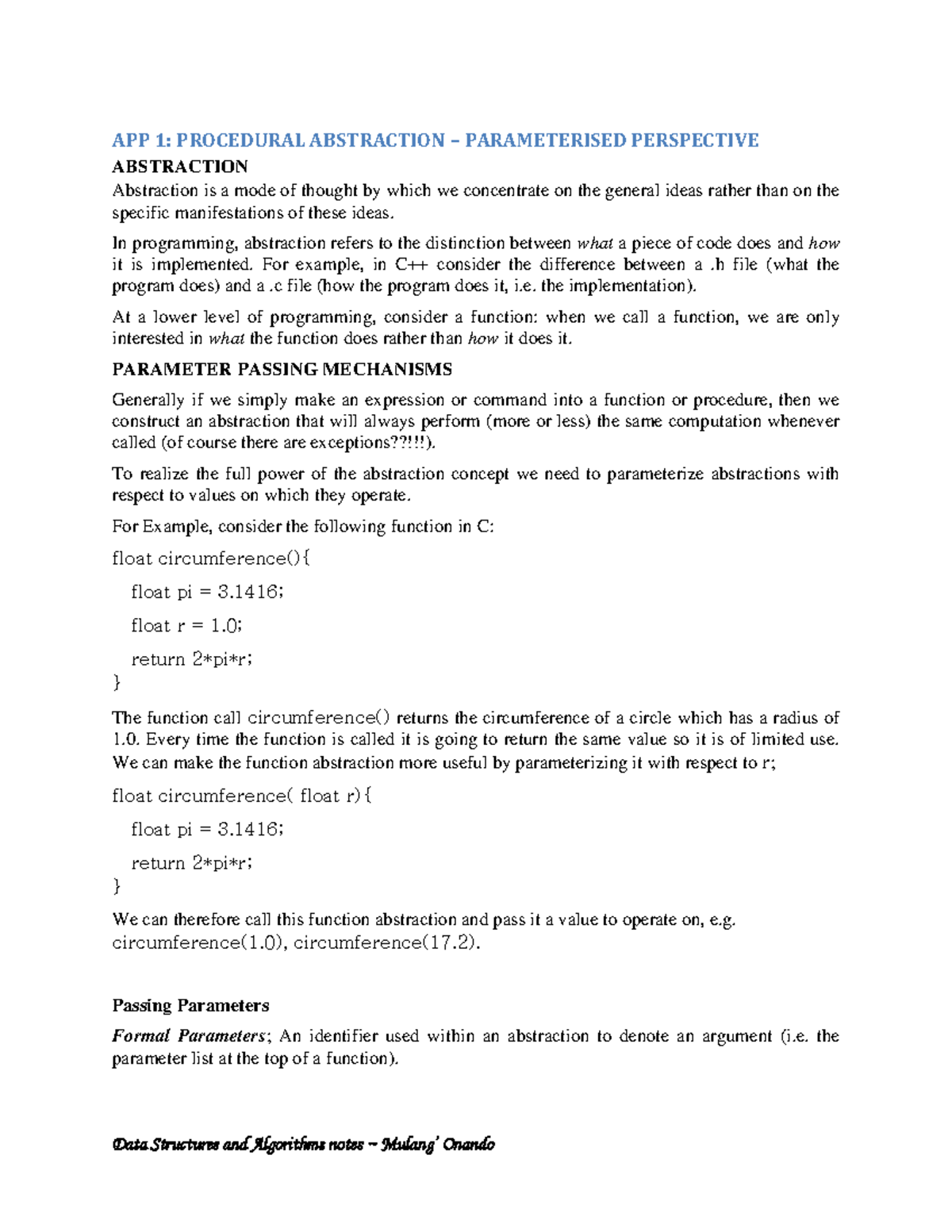 Lecture 2 Supplement Procedural Abstraction (Parameters) - Data ...