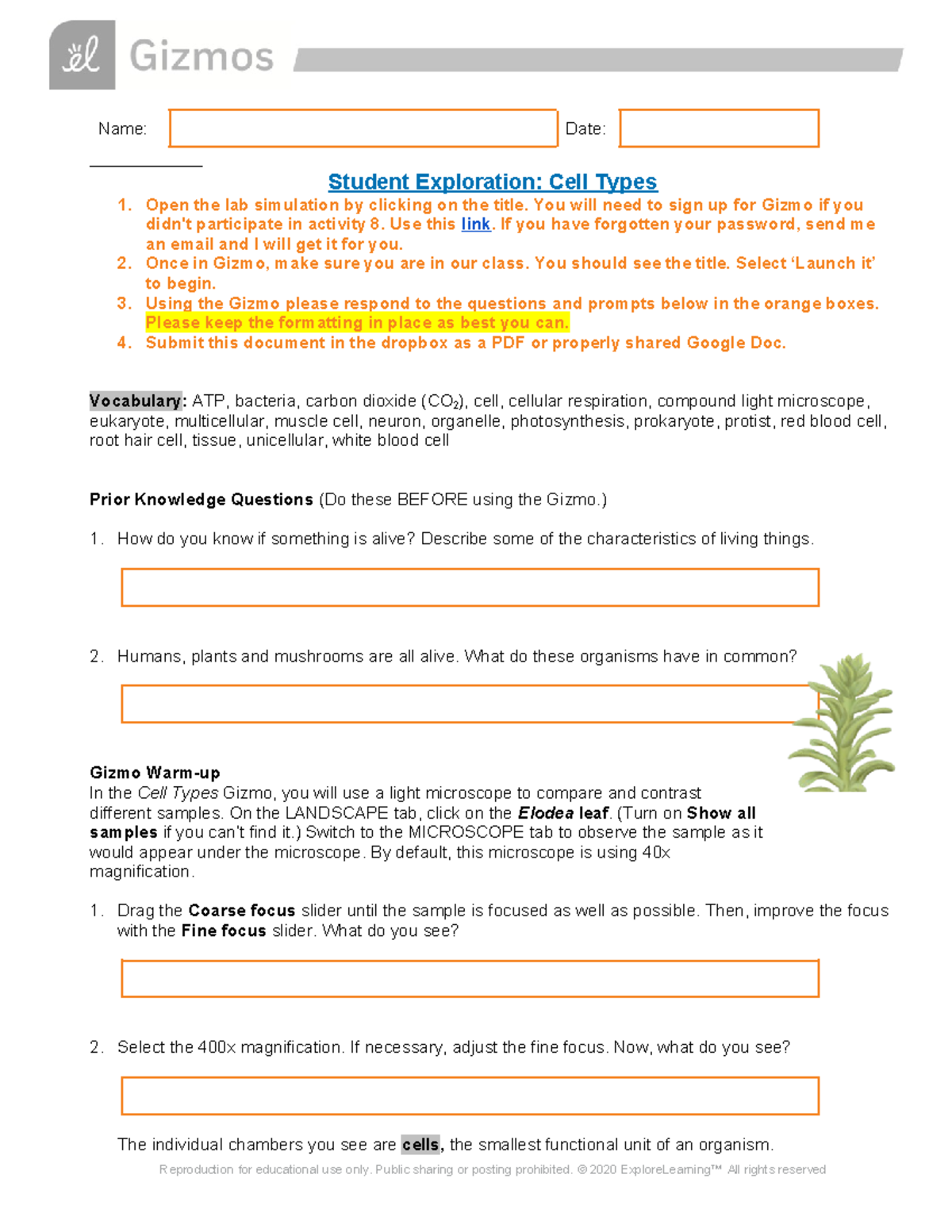Cell Types Gizmo- Activity A - Name: Date: Student Exploration: Cell ...
