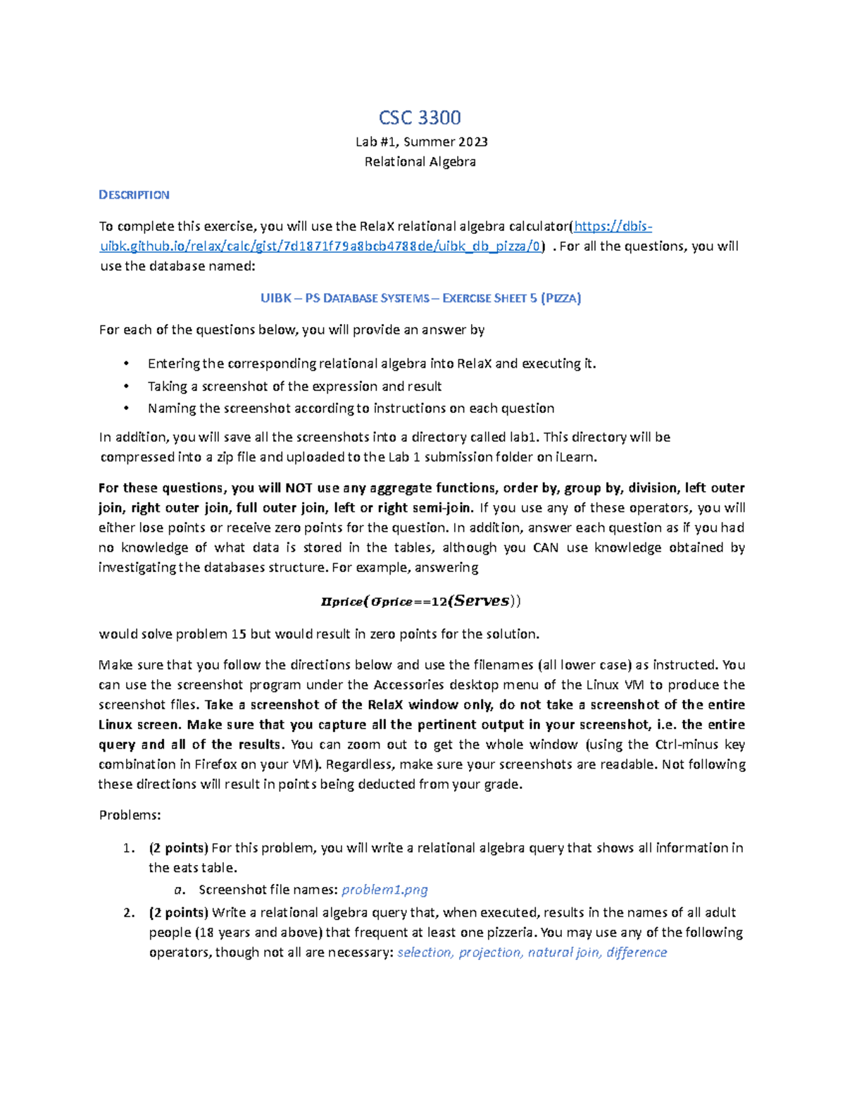Lab1SU2023 - this is a lab - CSC 3300 Lab #1, Summer 2023 Relational ... Lab1SU2023 - this is a lab - CSC 3300 Lab #1, Summer 2023 Relational ...