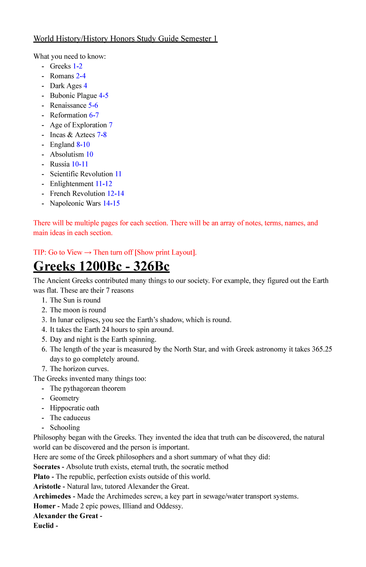 [Master Copy] World History World History Honors Study Guide Semester 1 ...