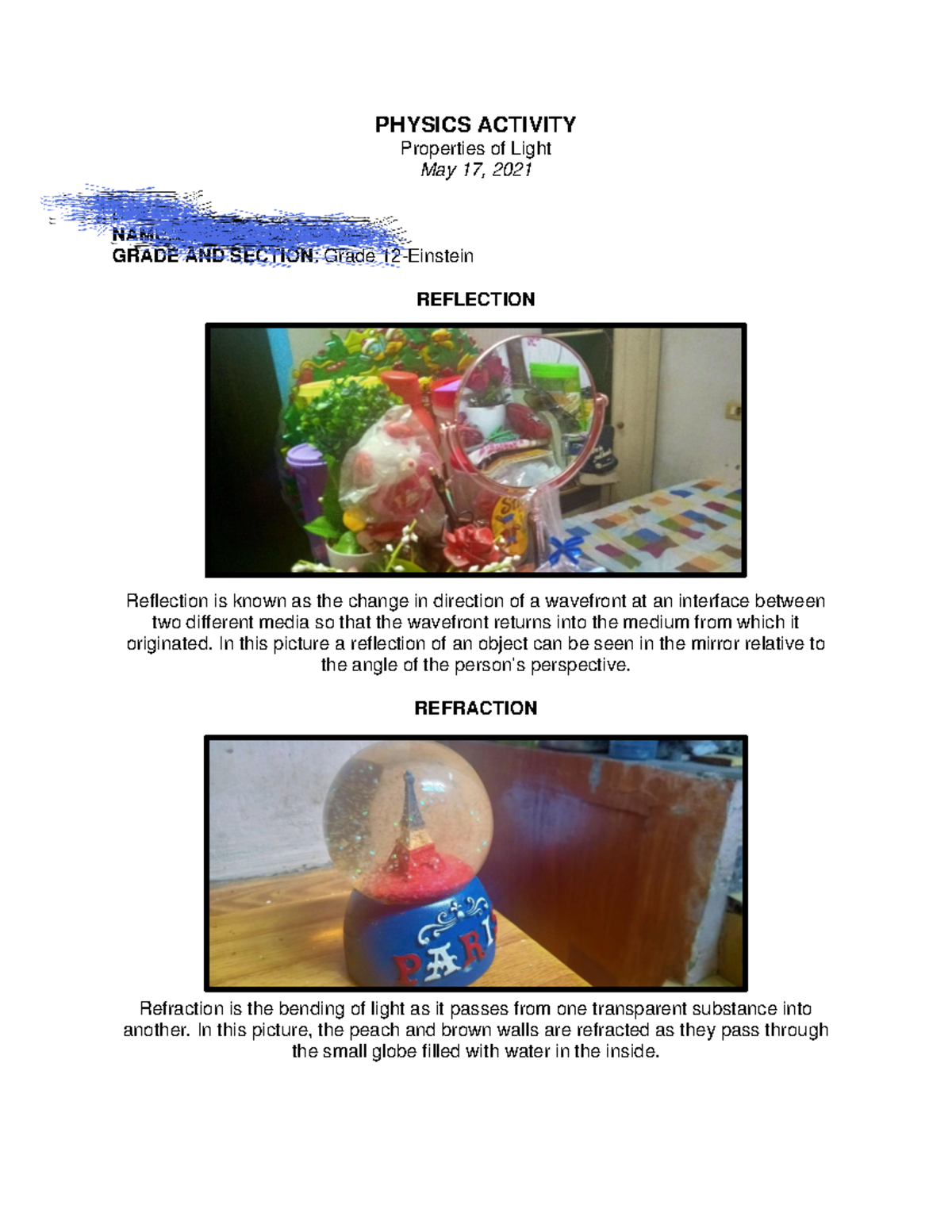 Properties of Light - PHYSICS ACTIVITY Properties of Light May 17, 2021 ...