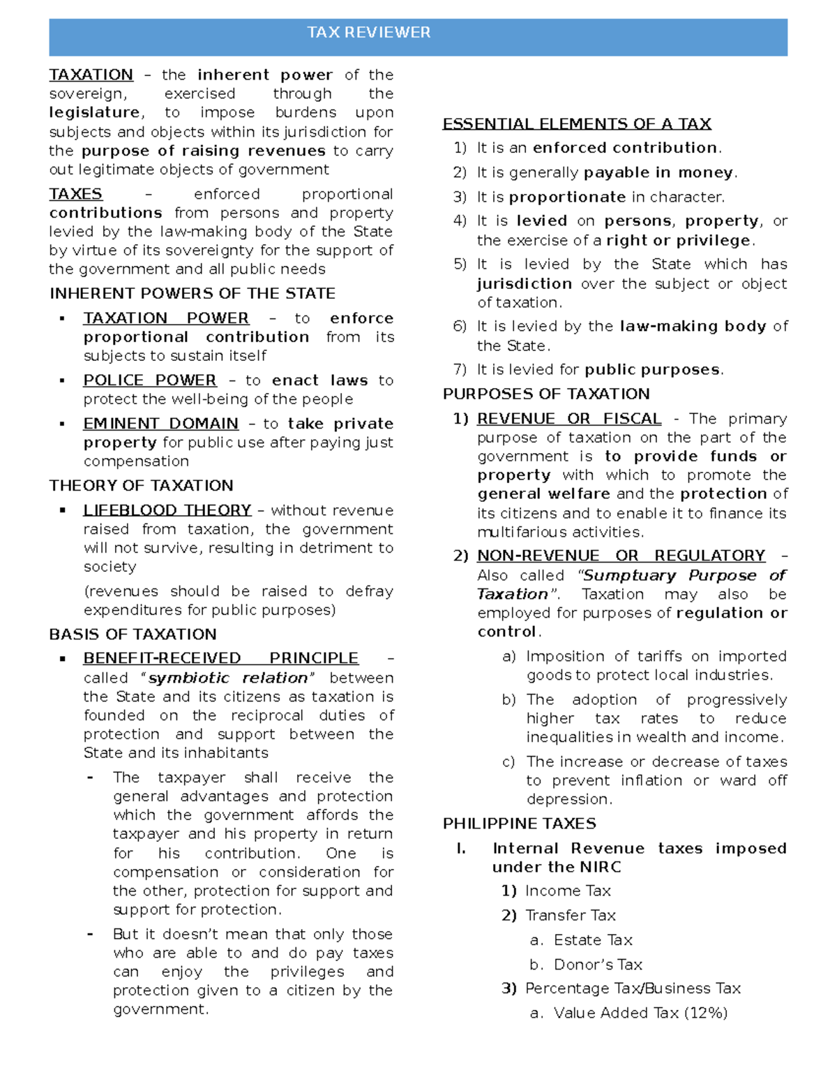 TAX Reviewer - TAXATION – the inherent power of the sovereign ...