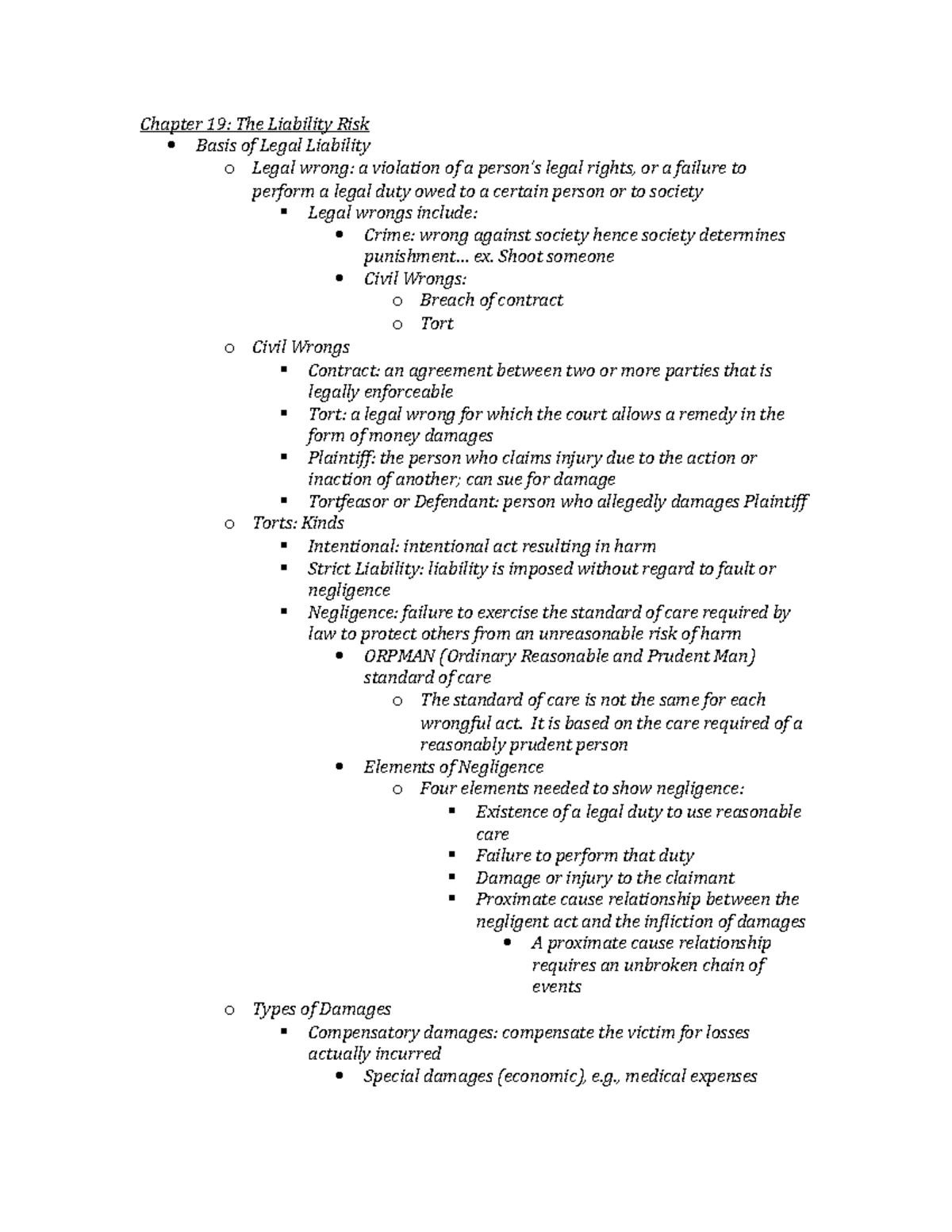 FIL Notes - Chapter 19: The Liability Risk Basis of Legal Liability o ...