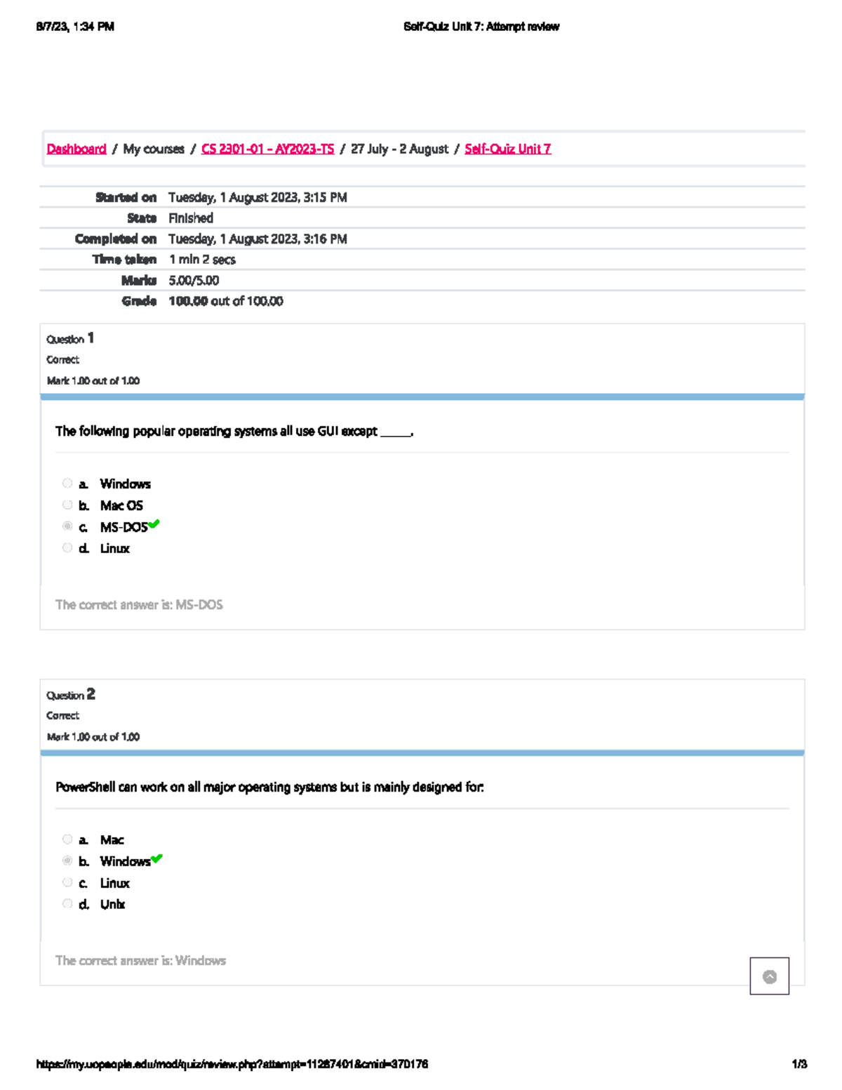 CS 2301 Self Quiz Unit 7 - Communications and Networking (CS 2204) self ...