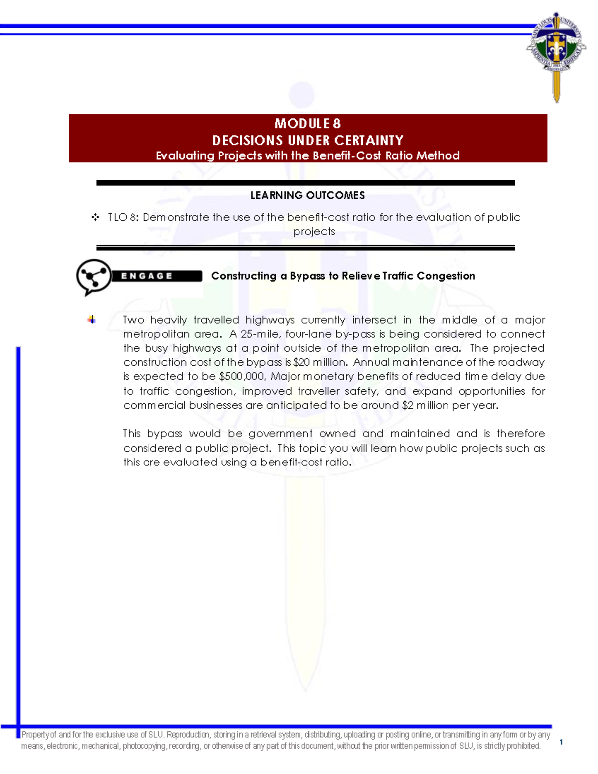 SEA= Module 8 Benefit-Cost Ratio - Property of and for the exclusive ...