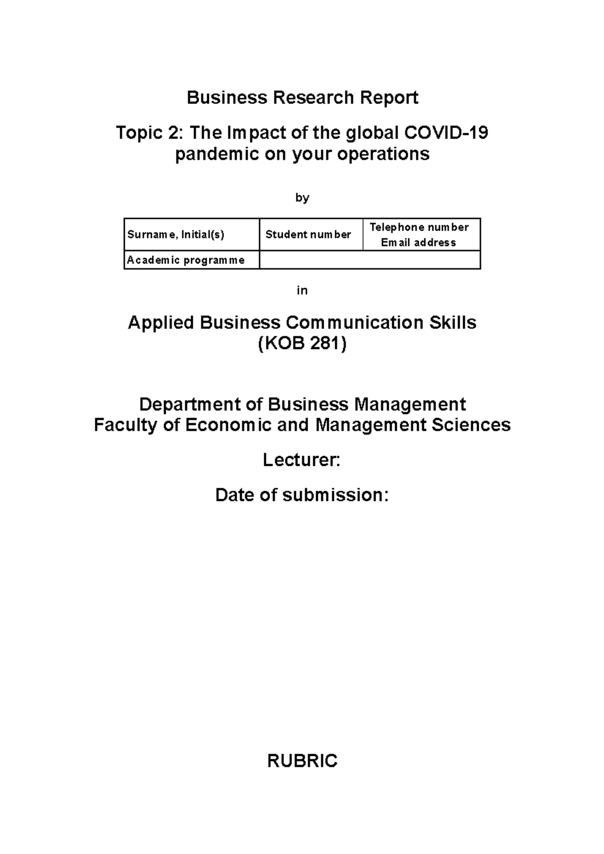 Business Research Report Example - Business Research Report Topic 2 ...