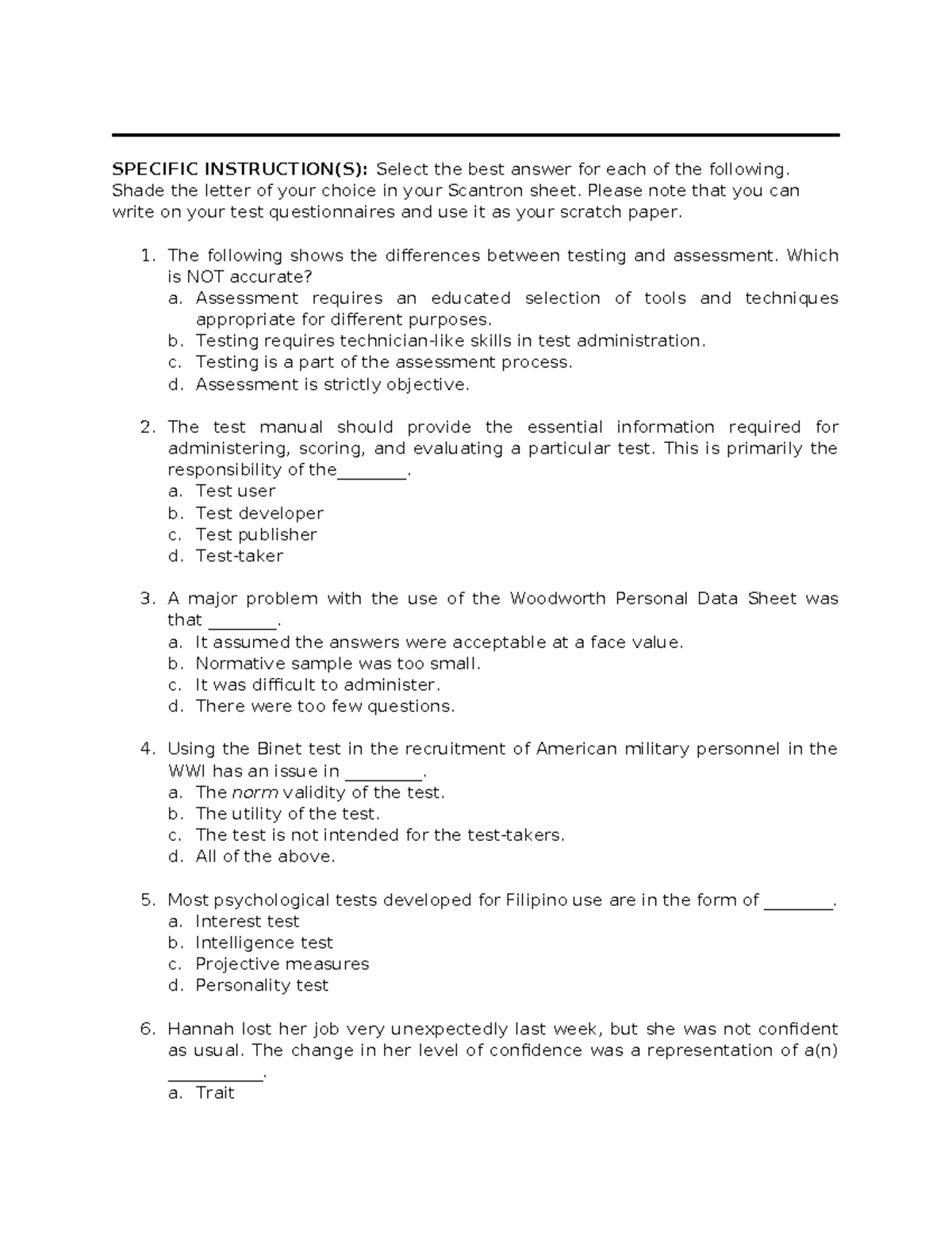 Pretest in Psychological assessment - SPECIFIC INSTRUCTION(S): Select ...