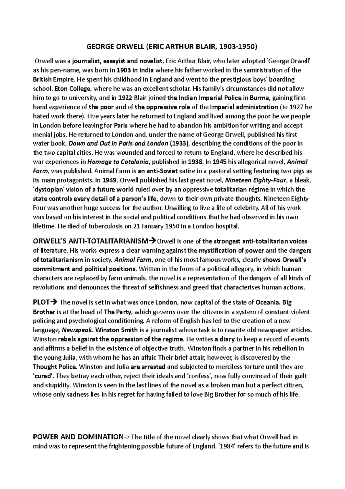 George Orwell - GEORGE ORWELL (ERIC ARTHUR BLAIR, 1903-1950) Orwell was ...