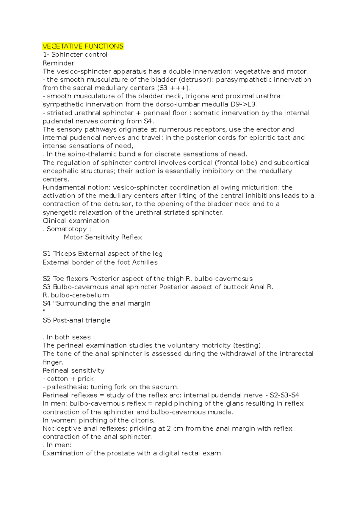 Vegetative Functions - Lecture notes Neurology Research - VEGETATIVE ...