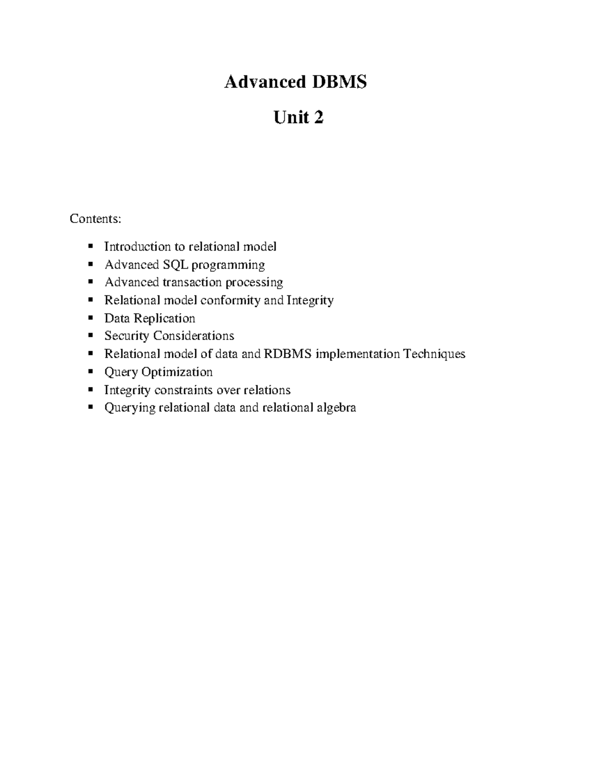Adbms Notes 2 Advanced Dbms Unit 2 Contents Introduction To Relational Model Advanced Sql
